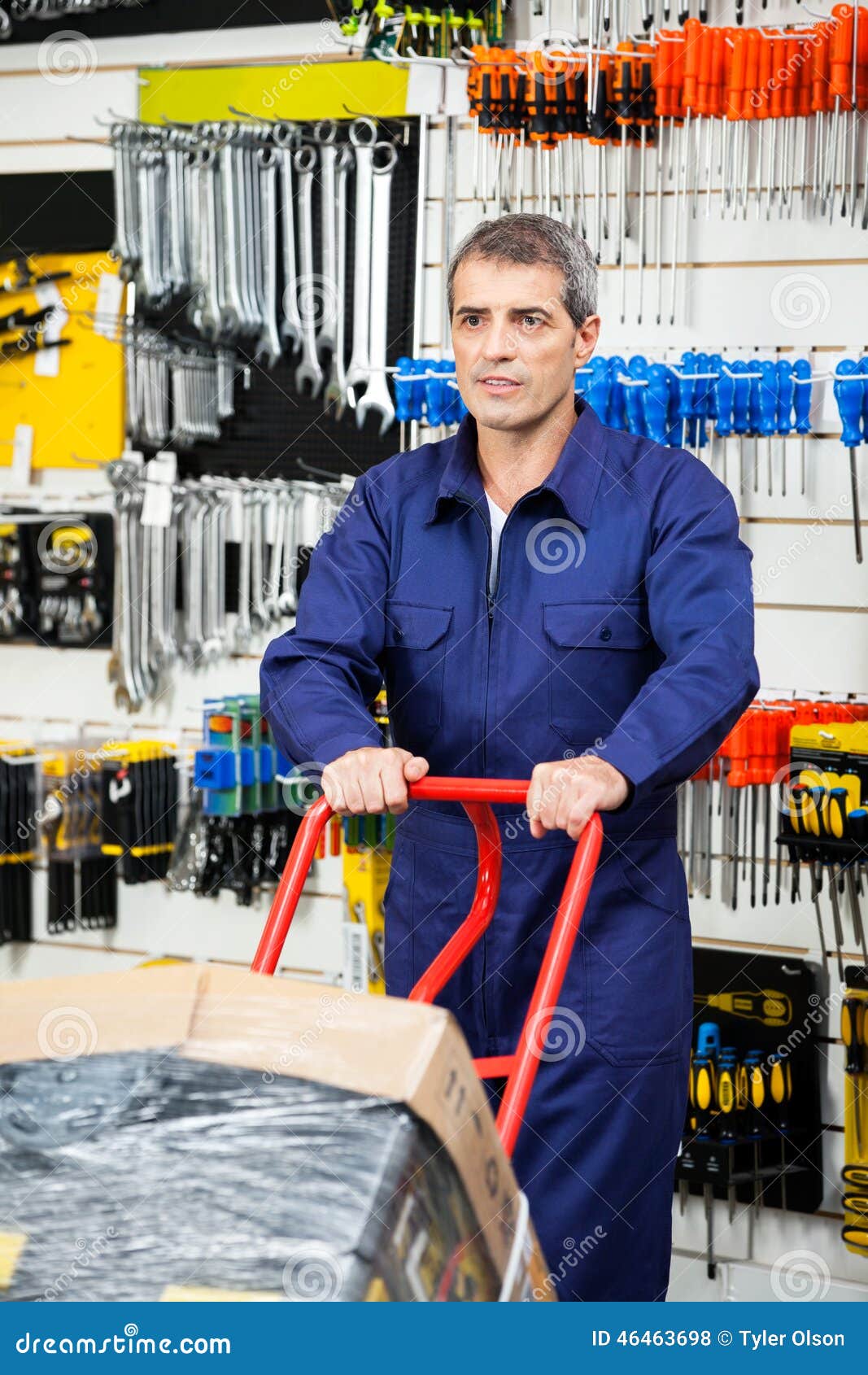 Worker Pushing Trolley in Hardware Shop Stock Photo - Image of retail ...