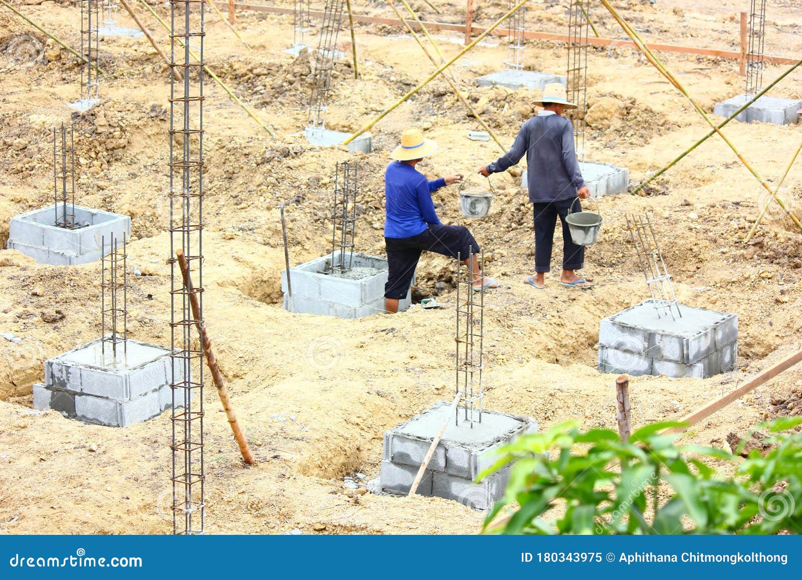 The Worker Put on Cement in To Piling Hole with Sreel Structure for ...