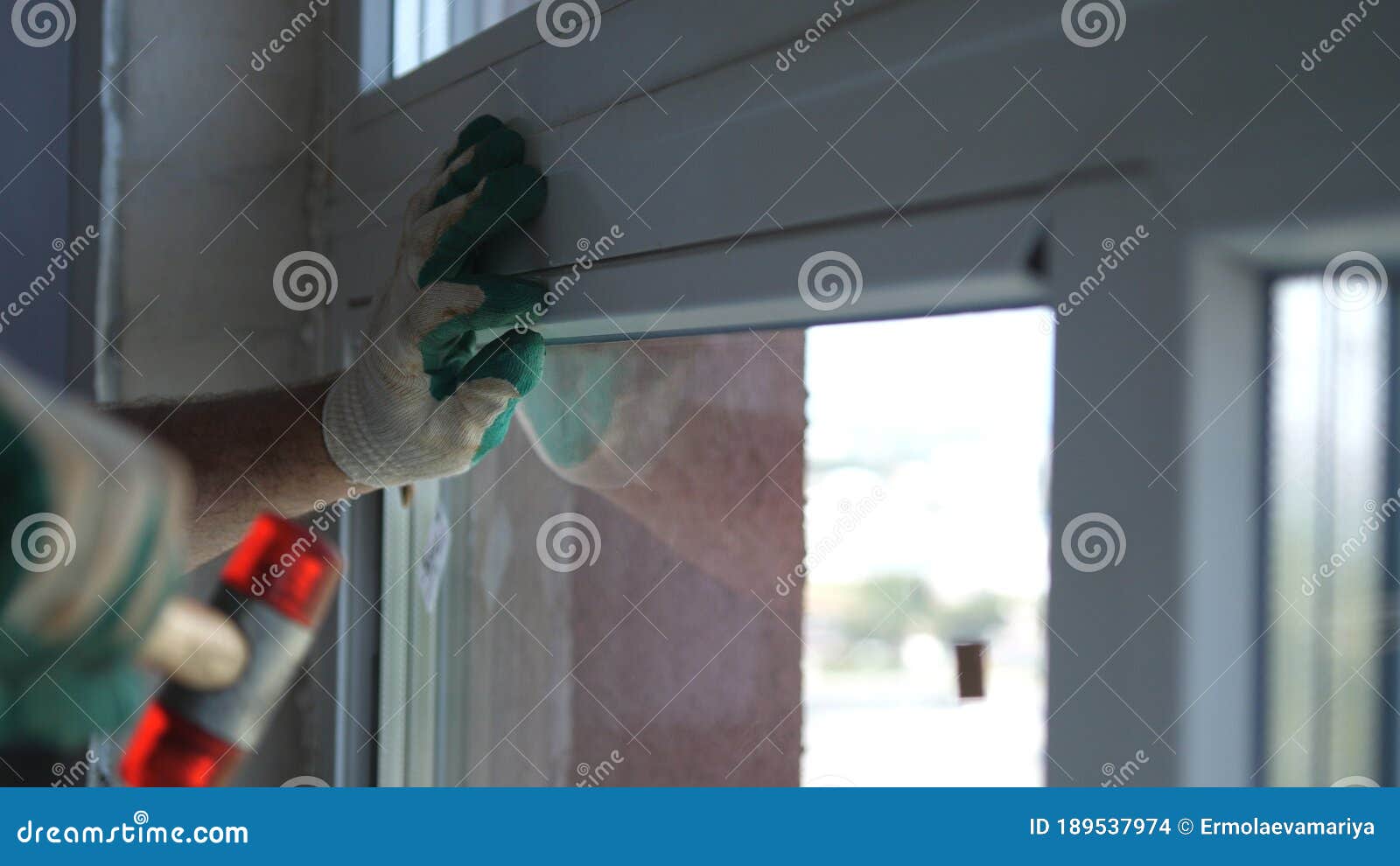 Worker Put Window Sash into New Installed Frame. Close Up of Hand Stock ...