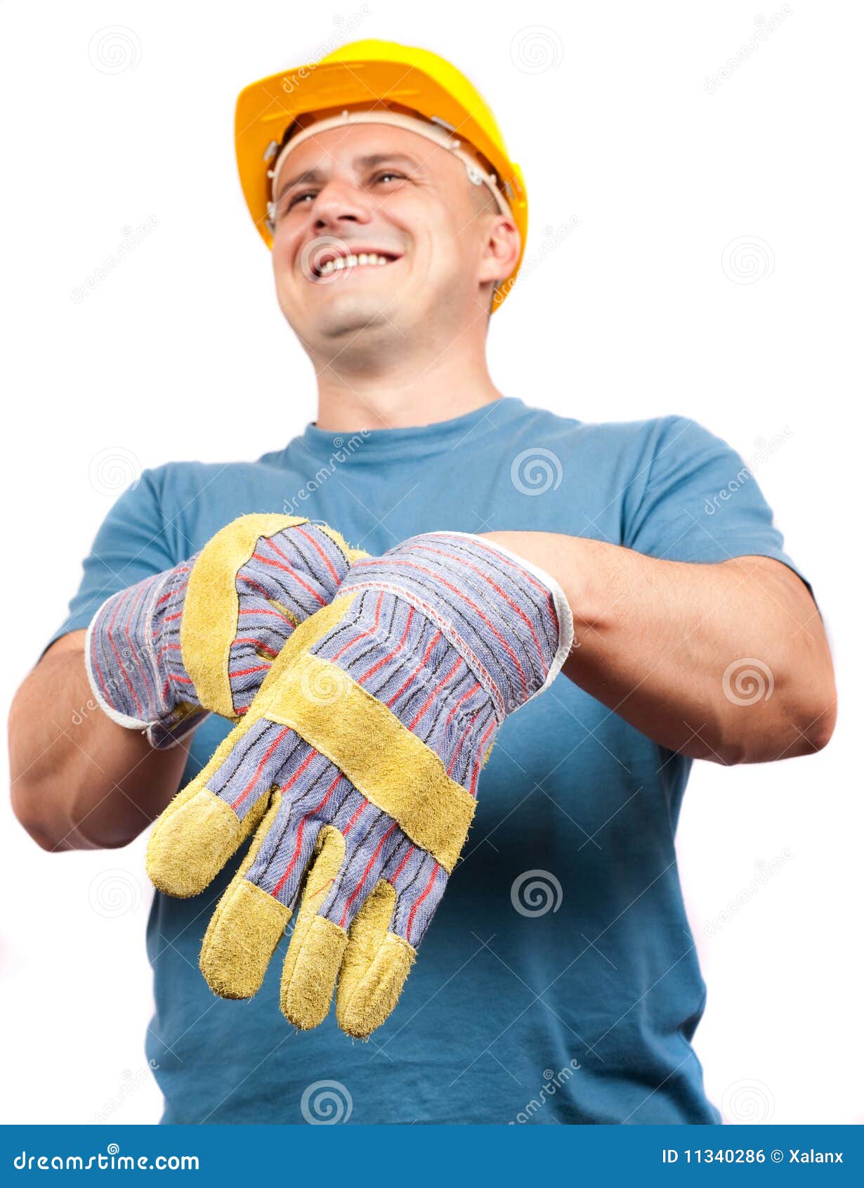 Worker Putting On Leather Protection Gloves Stock Photo - Image of male ...