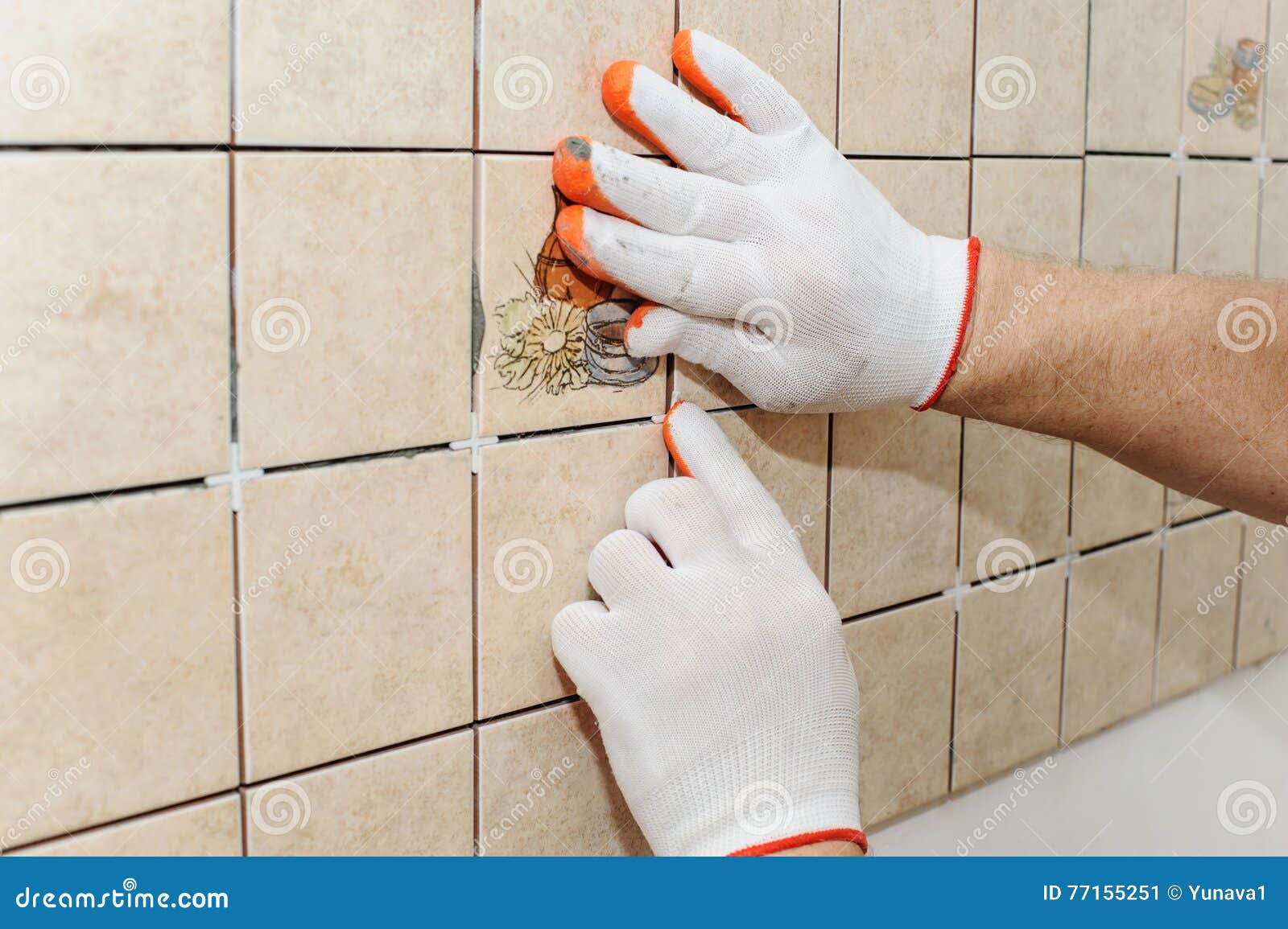 Worker Putting Tiles on the Wall in the Kitchen. Stock Image - Image of ...