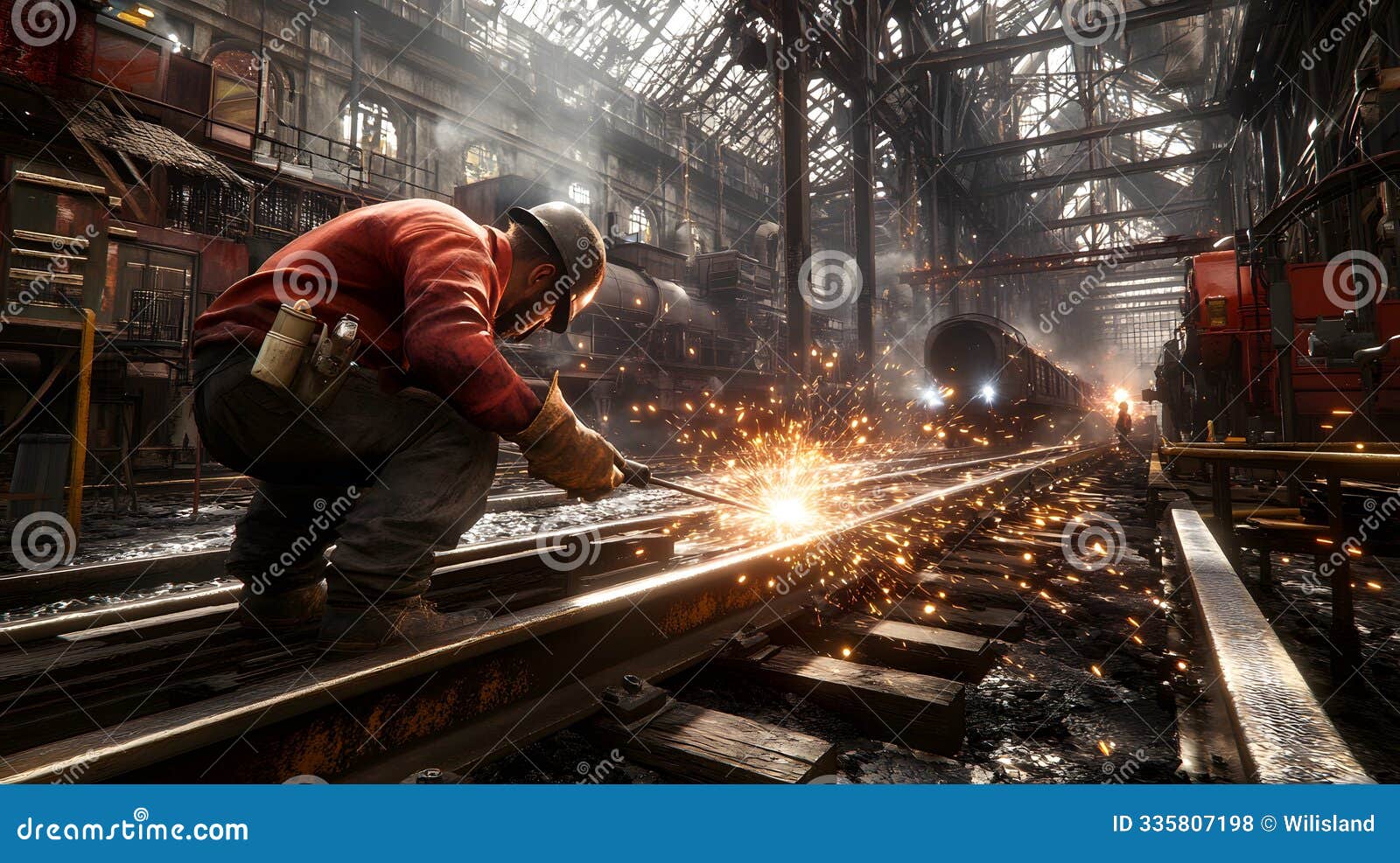 A Worker in a Railway Workshop Welds Train Tracks, Sparks Flying in the ...