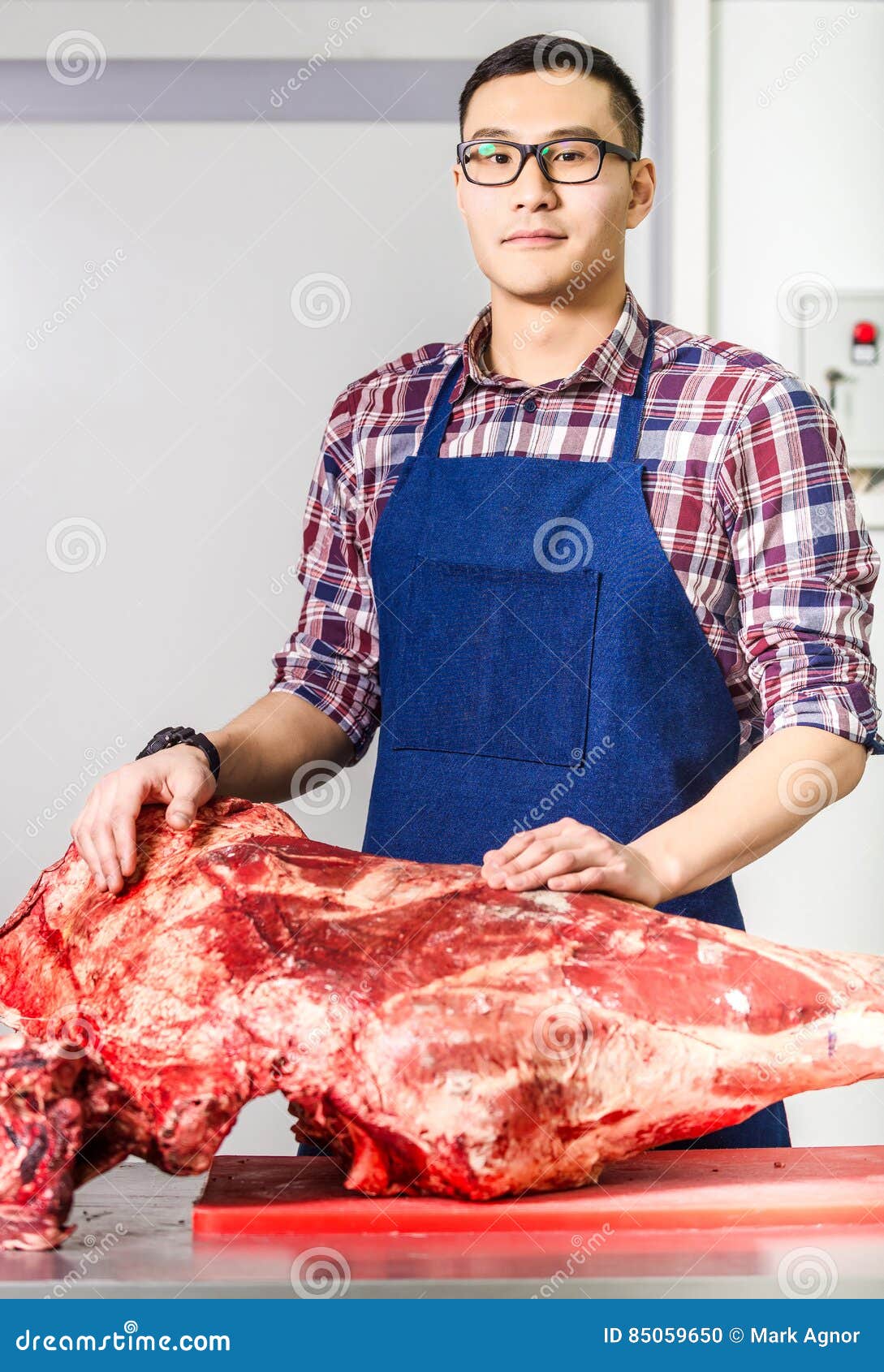 Worker with raw meat stock photo. Image of factory, market - 85059650