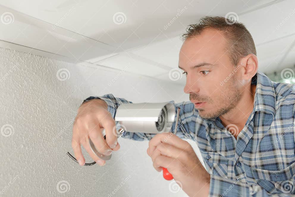 Worker Ready To Install Cctv Camera Stock Photo - Image of adult ...