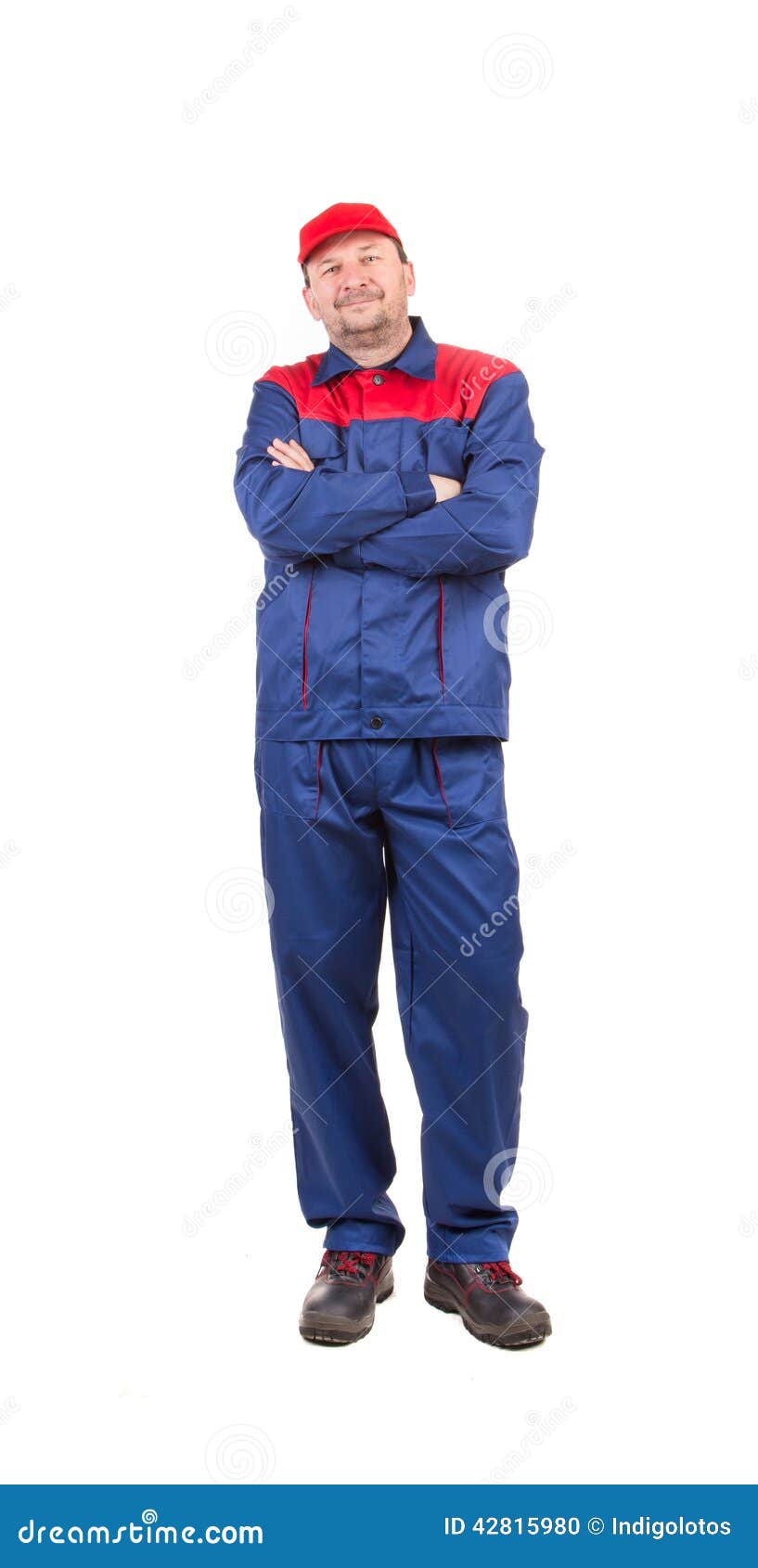 Worker in Red-blue Workwear. Stock Photo - Image of resistant, hood ...