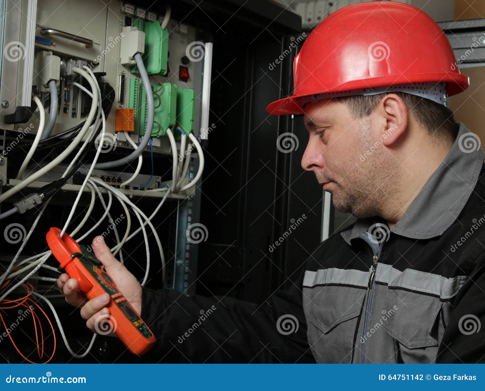Worker in Red Helmet Make Electrical Measurements Stock Photo - Image ...