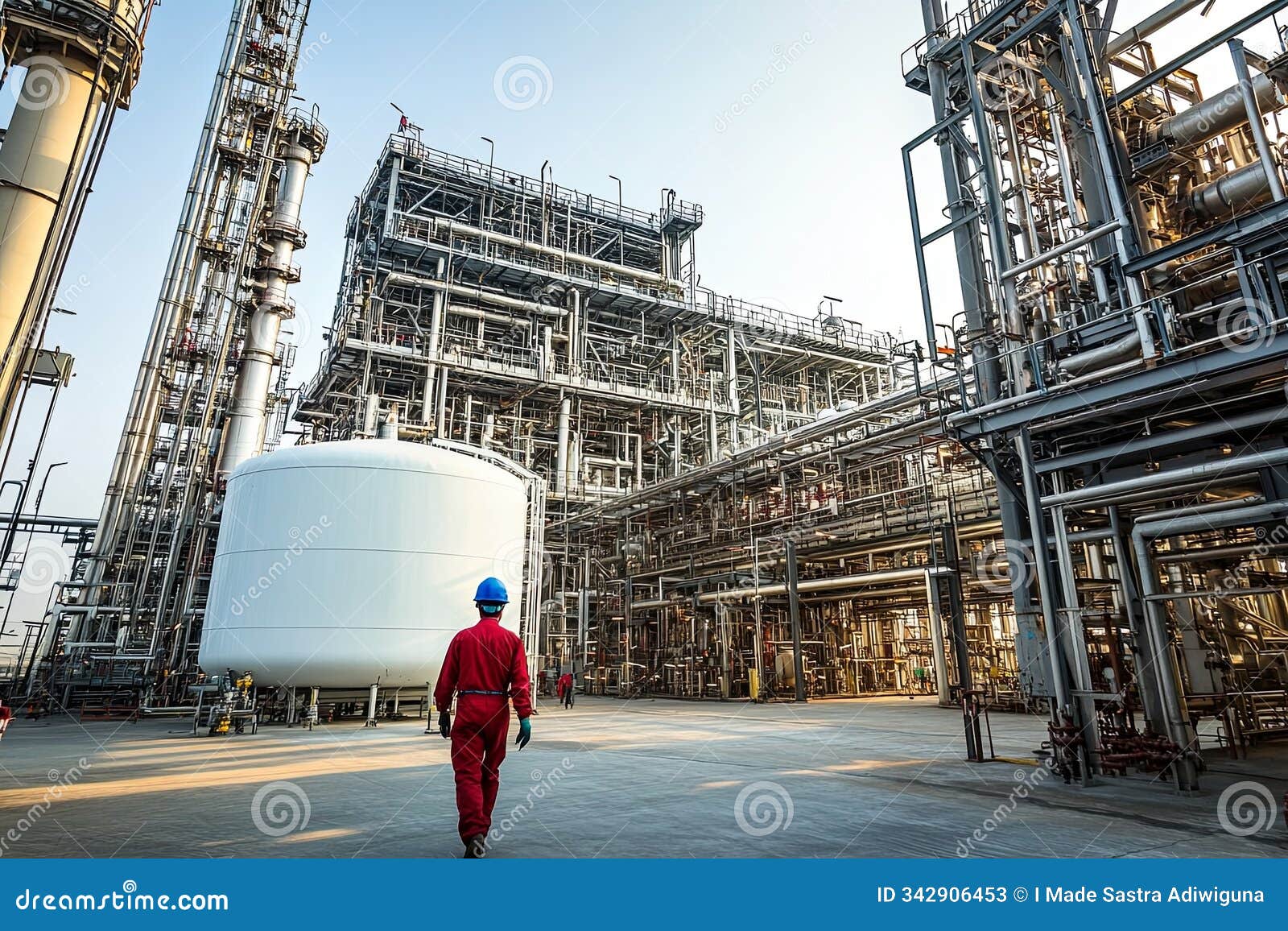 A Worker in Red Safety Gear Walks Past a Large Storage Tank and Complex ...