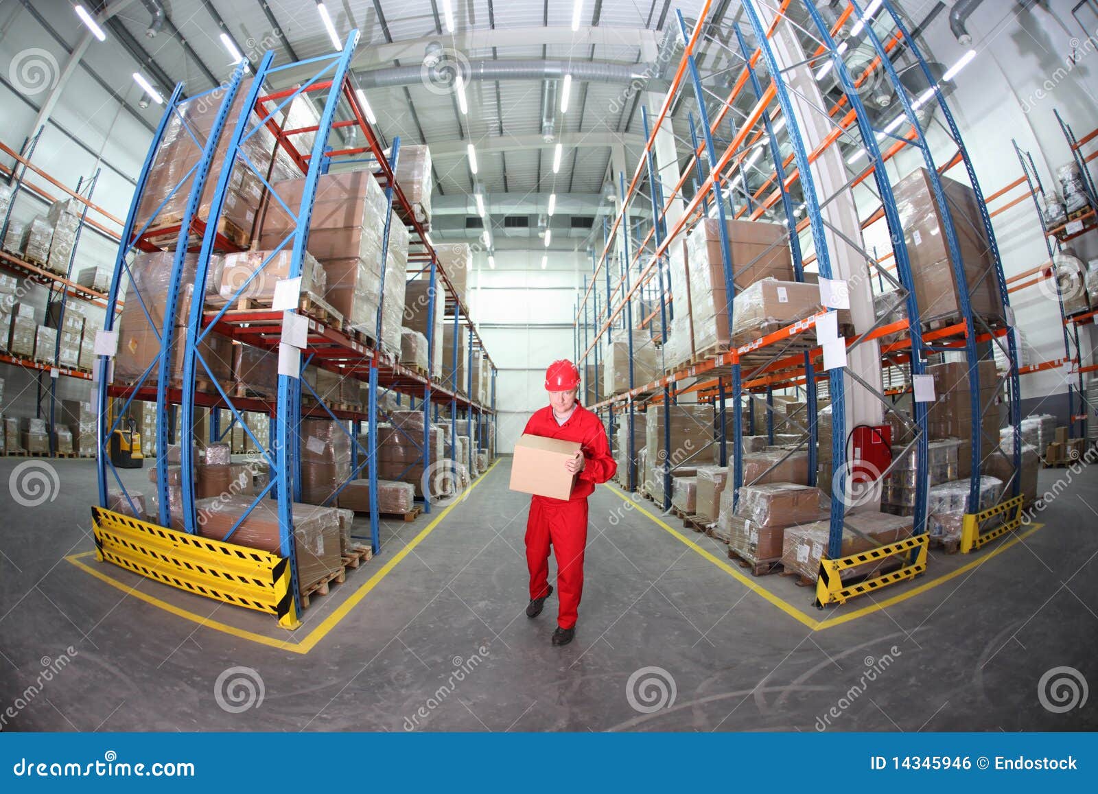 Worker in Red Uniform with Box in Warehouse Stock Photo - Image of ...