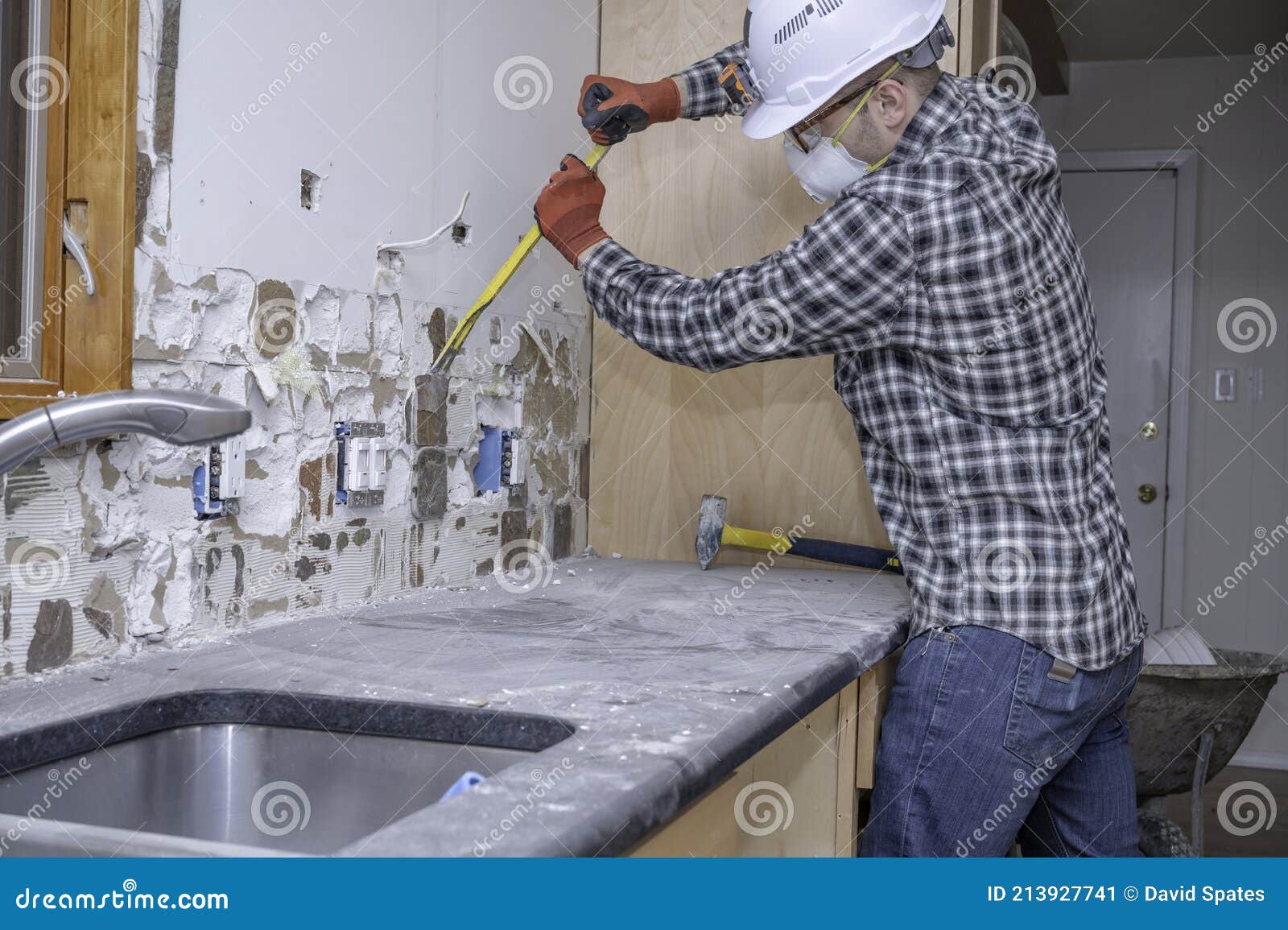 Worker Removing Kitchen Tiling Stock Image - Image of flat, design ...