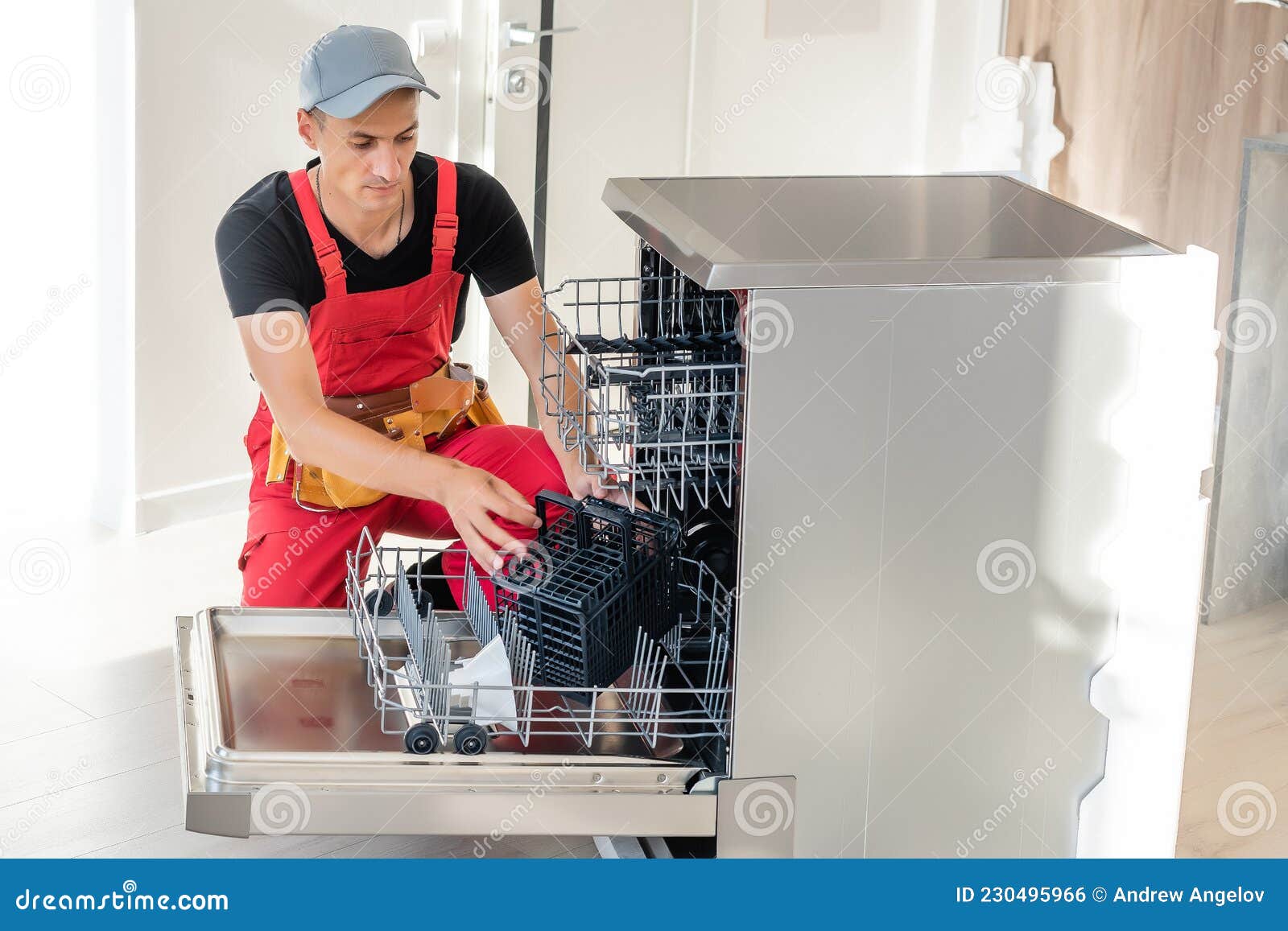 Worker Repair Dishwasher at Home. Stock Photo - Image of pipes ...