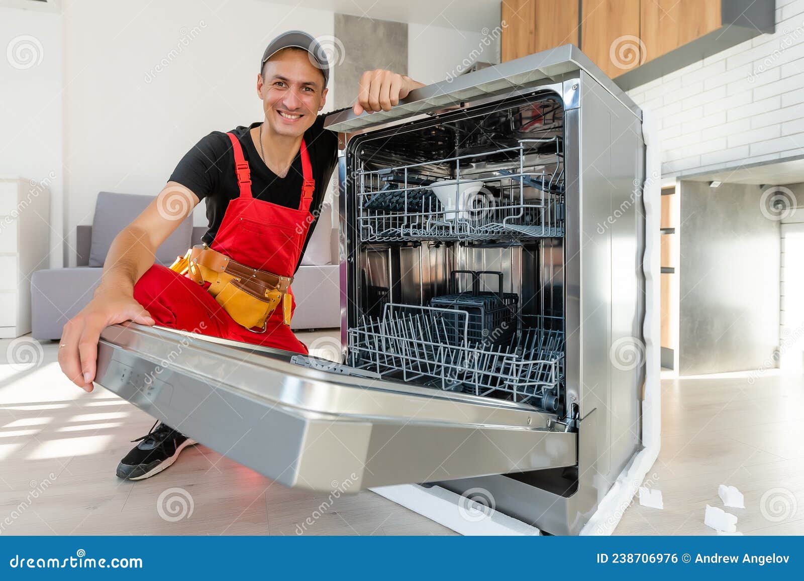 Worker Repair Dishwasher at Home. Stock Photo - Image of technician ...