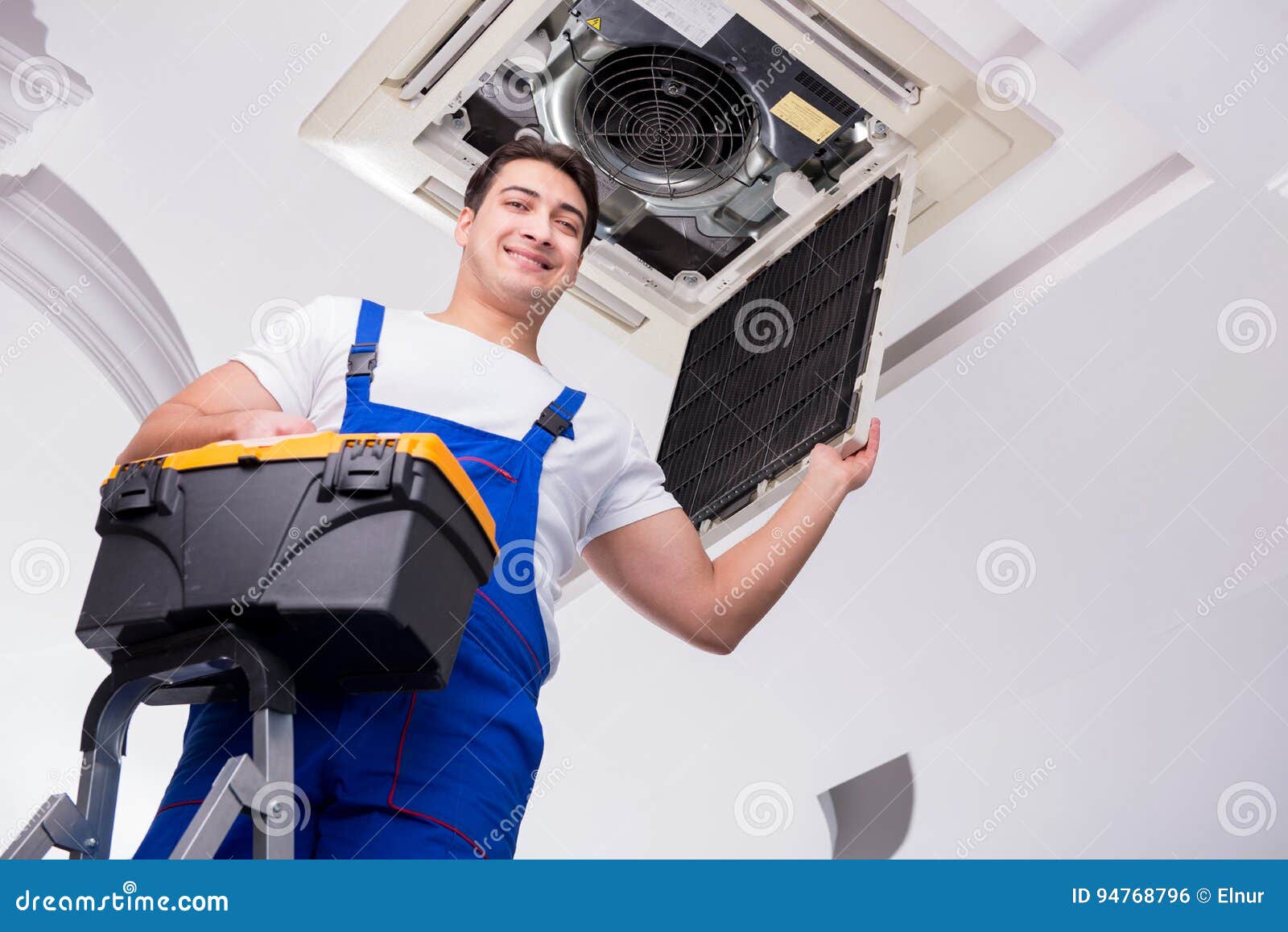 The Worker Repairing Ceiling Air Conditioning Unit Stock Photo - Image ...