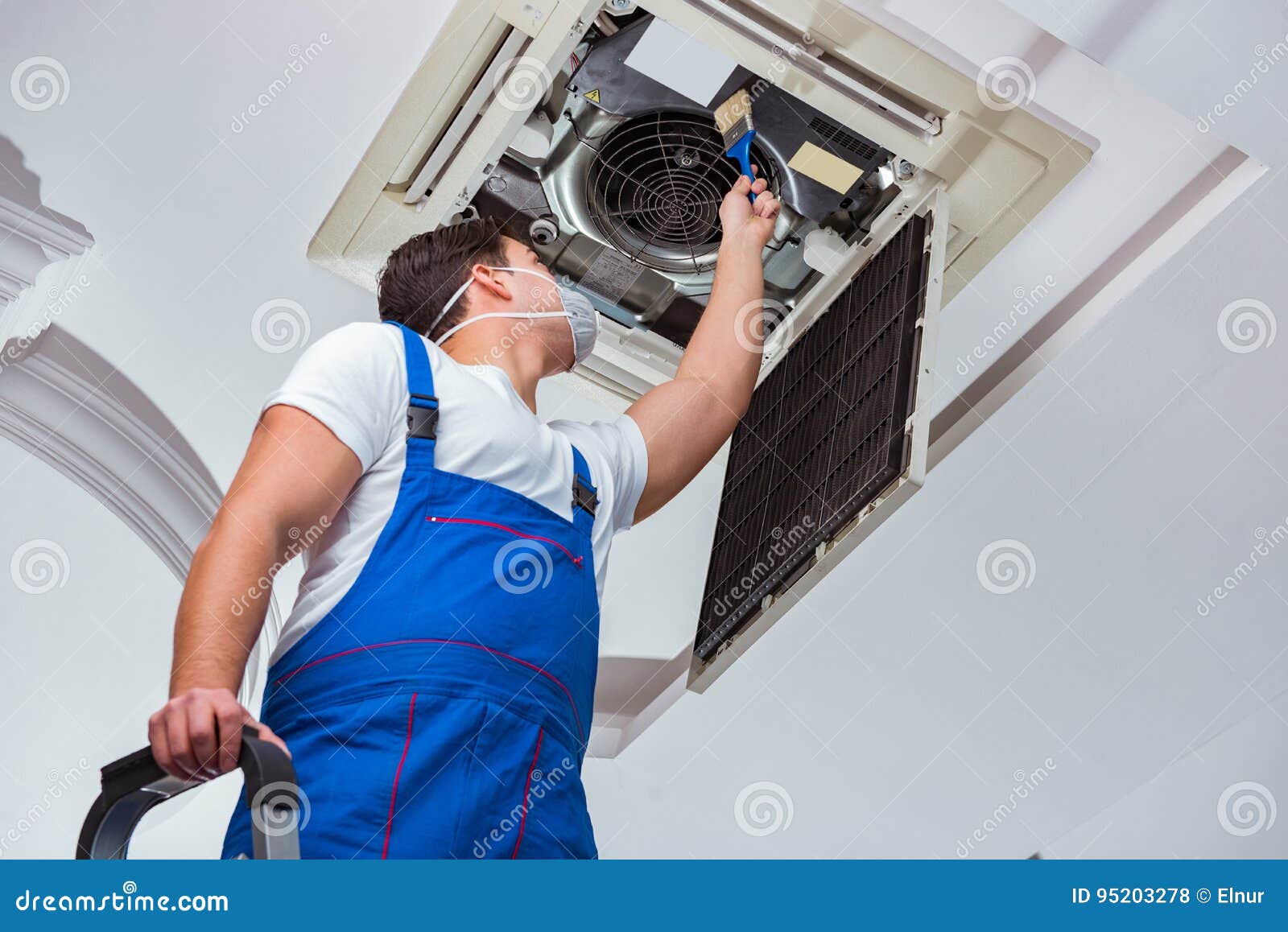 The Worker Repairing Ceiling Air Conditioning Unit Stock Photo - Image ...
