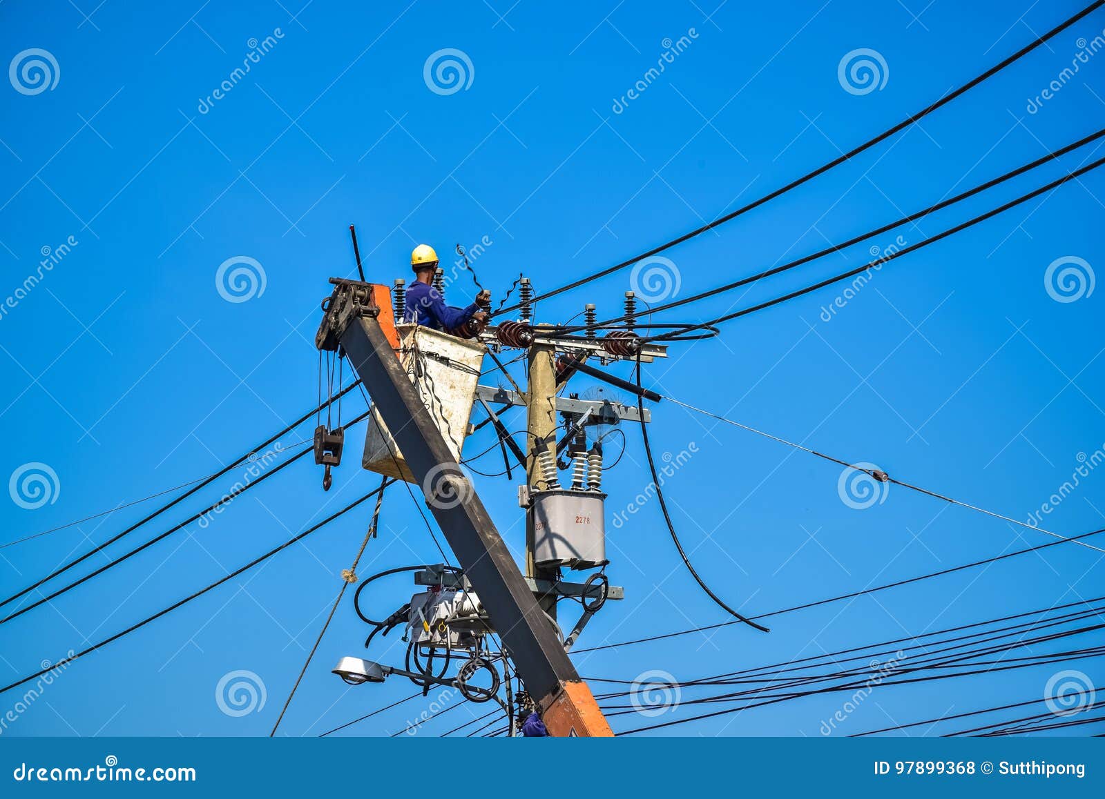 Worker Repairing Work on Electric Post Power Pole Editorial Stock Photo ...