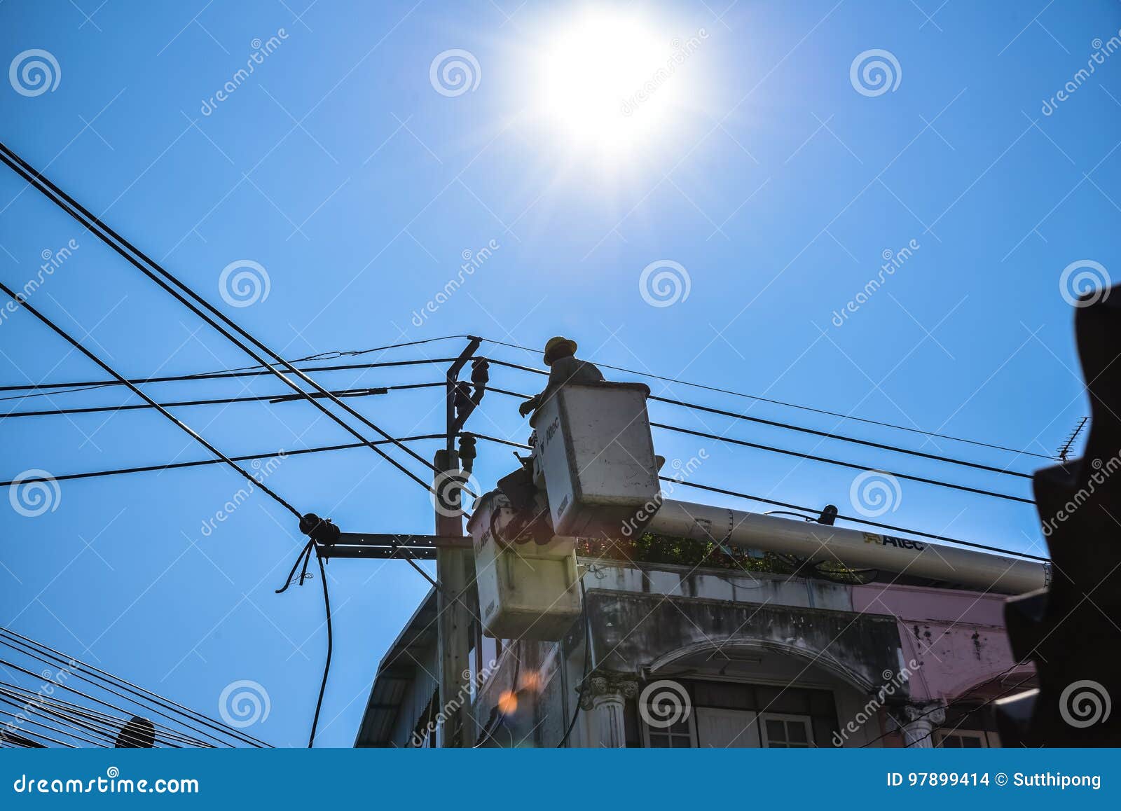 Worker Repairing Work on Electric Post Power Pole Editorial Stock Image ...