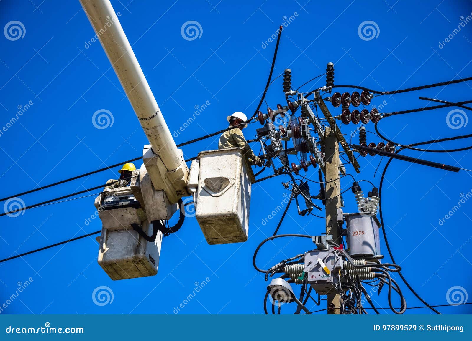 Worker Repairing Work on Electric Post Power Pole Stock Image - Image ...