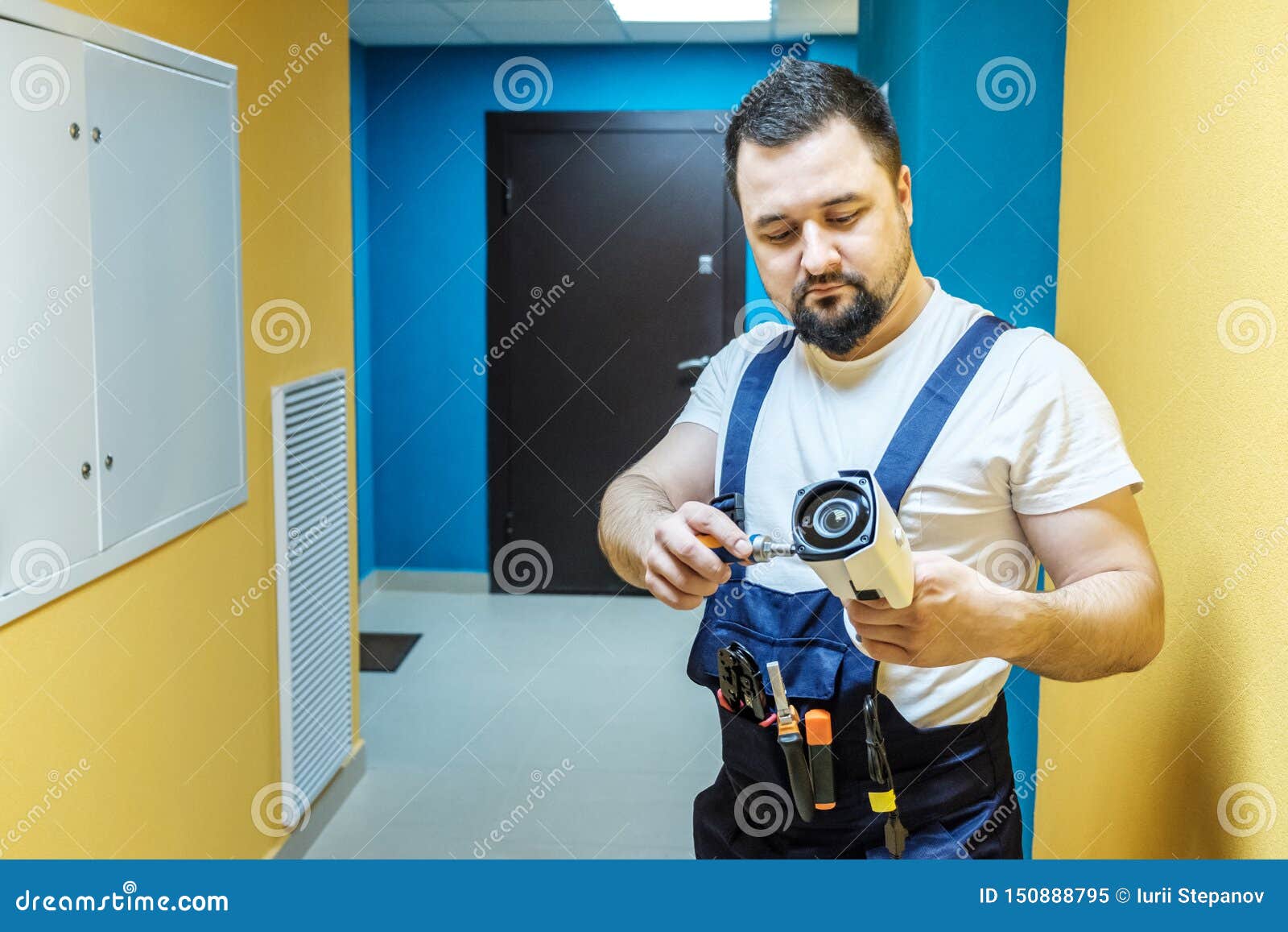 Worker Reparing or Setting Up Video CCTV Camera Stock Image - Image of ...