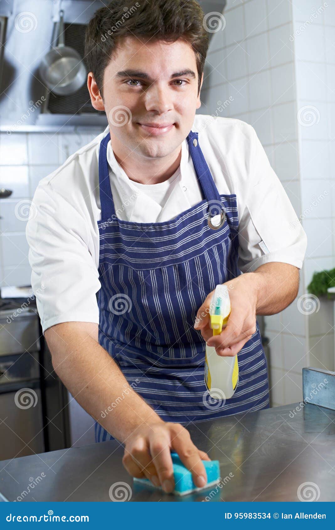 Worker in Restaurant Kitchen Cleaning Down after Service Stock Photo ...