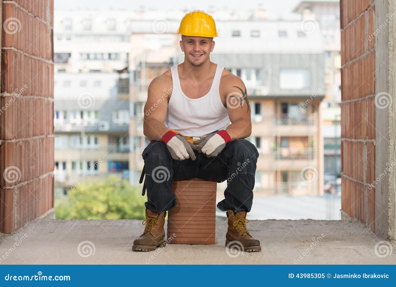 Worker is Resting Sitting on Brick Stock Image - Image of building ...