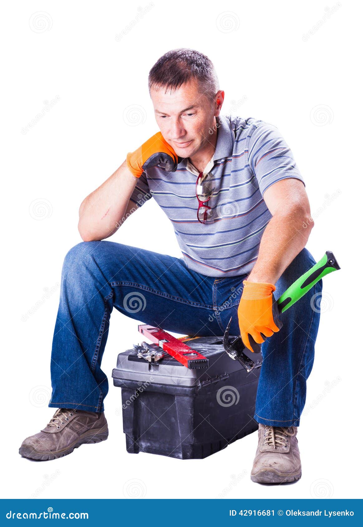 Worker is Resting Sitting on Toolbox Stock Image - Image of home, hand ...