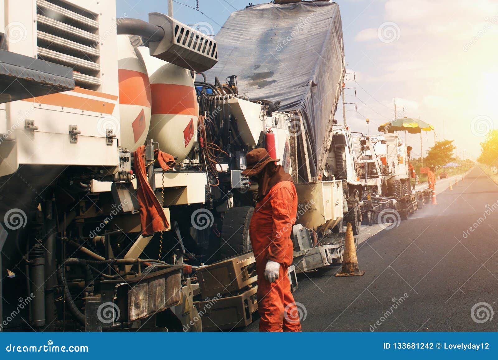 Worker Road Paving Construction and Asphalt Machines Stock Photo ...