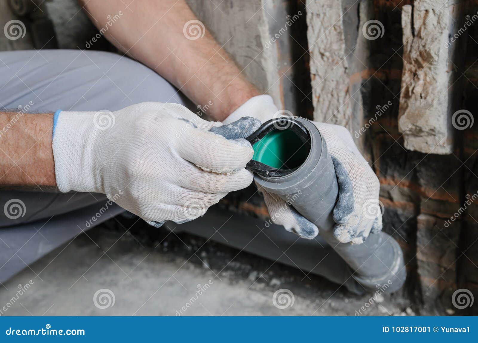 Worker`s Hands are Installing Sewer Pipes. Stock Image - Image of home ...