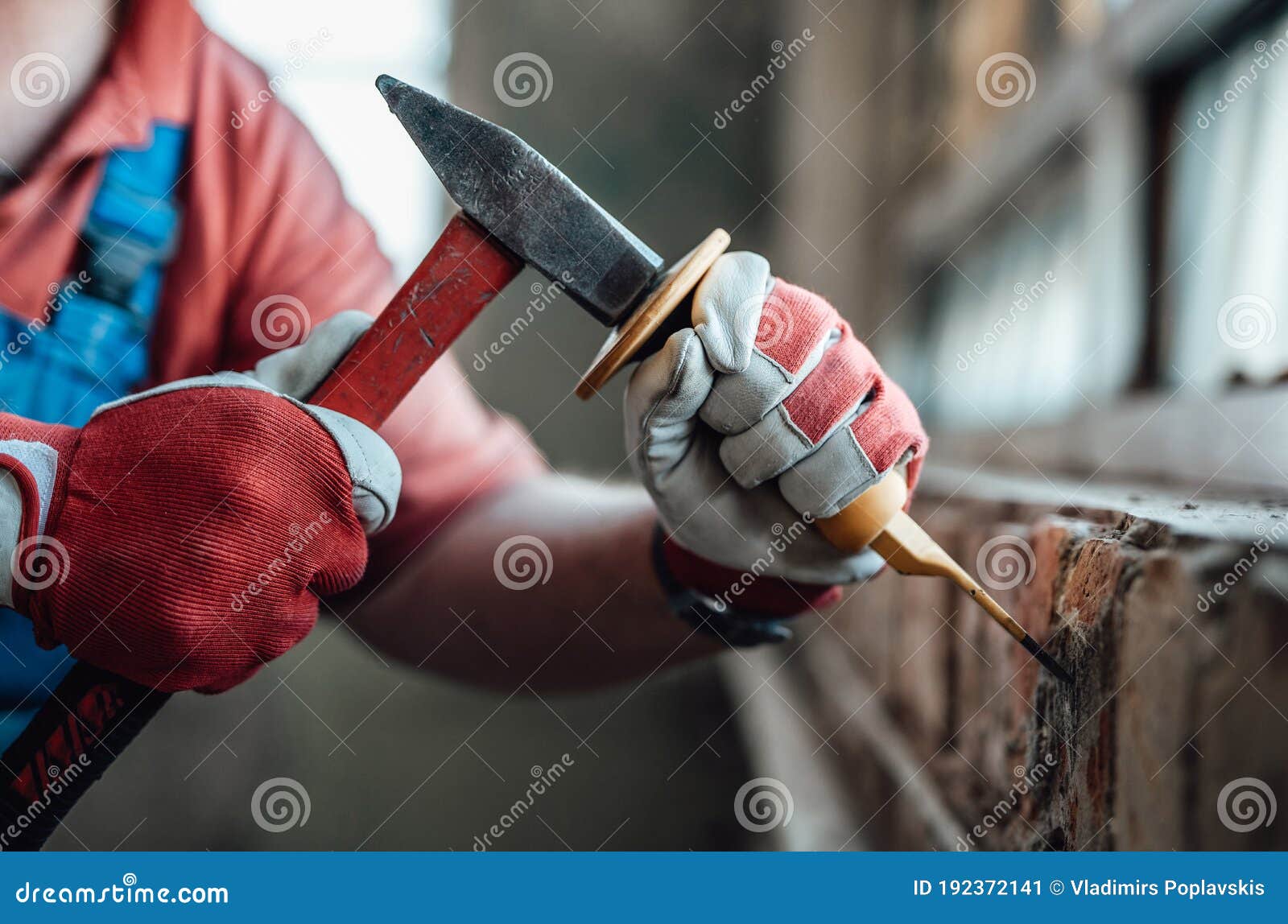 Worker`s Strong Hands with Hammer and Chisel, Getting Rid of Plaster on ...