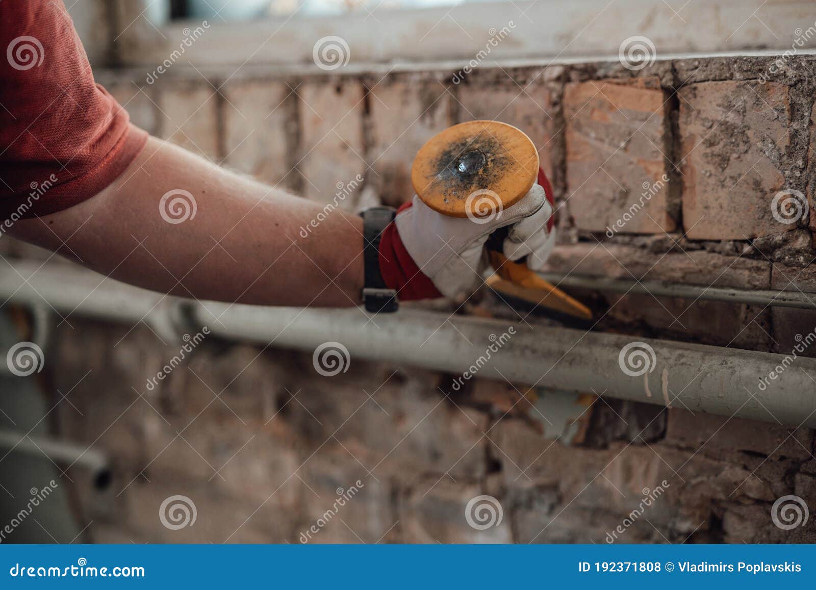 Builder`s Strong Hands Working with Hammer and Chisel at the ...