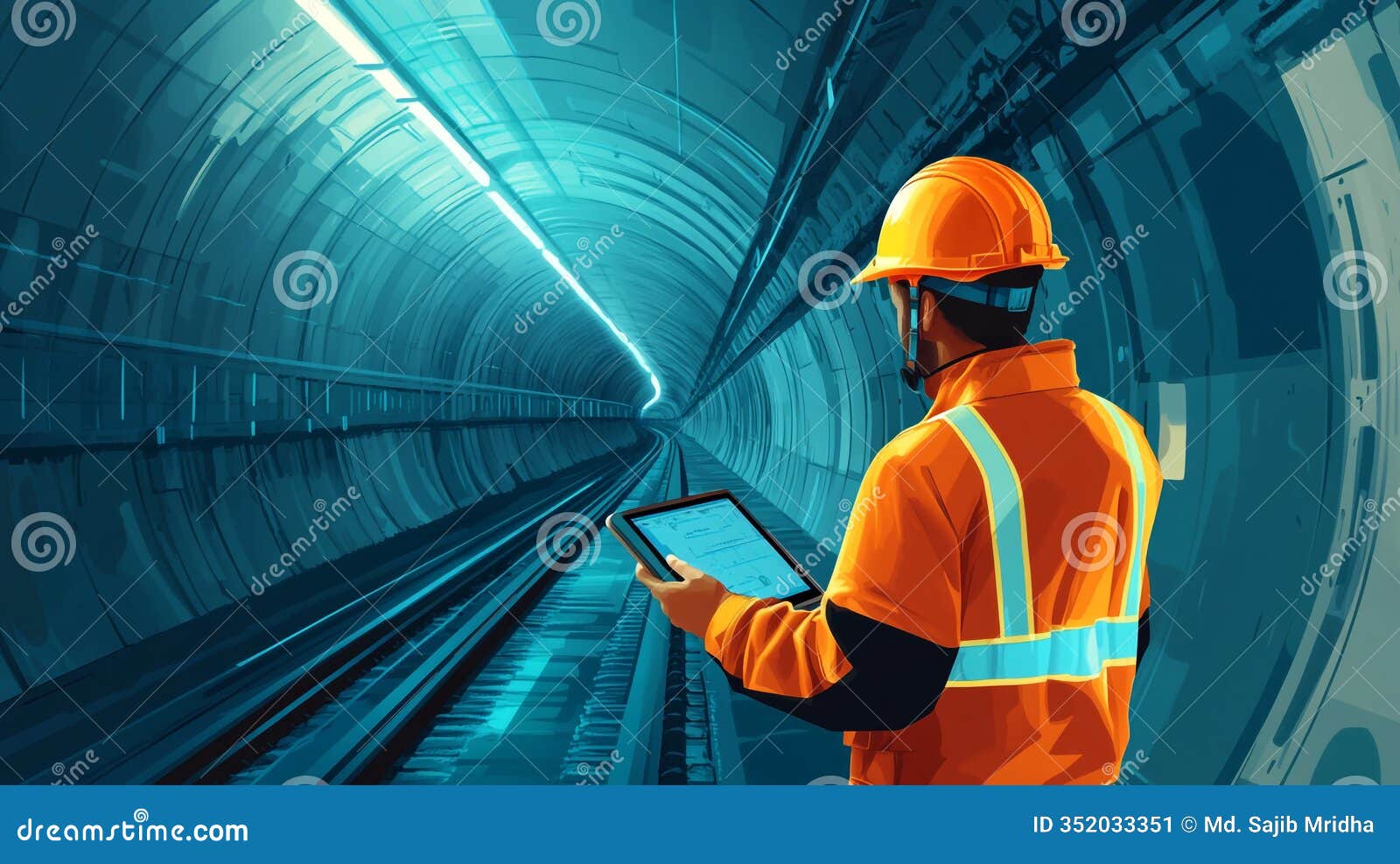 Worker in Safety Gear Monitors Tunnel Progress with Tablet during ...
