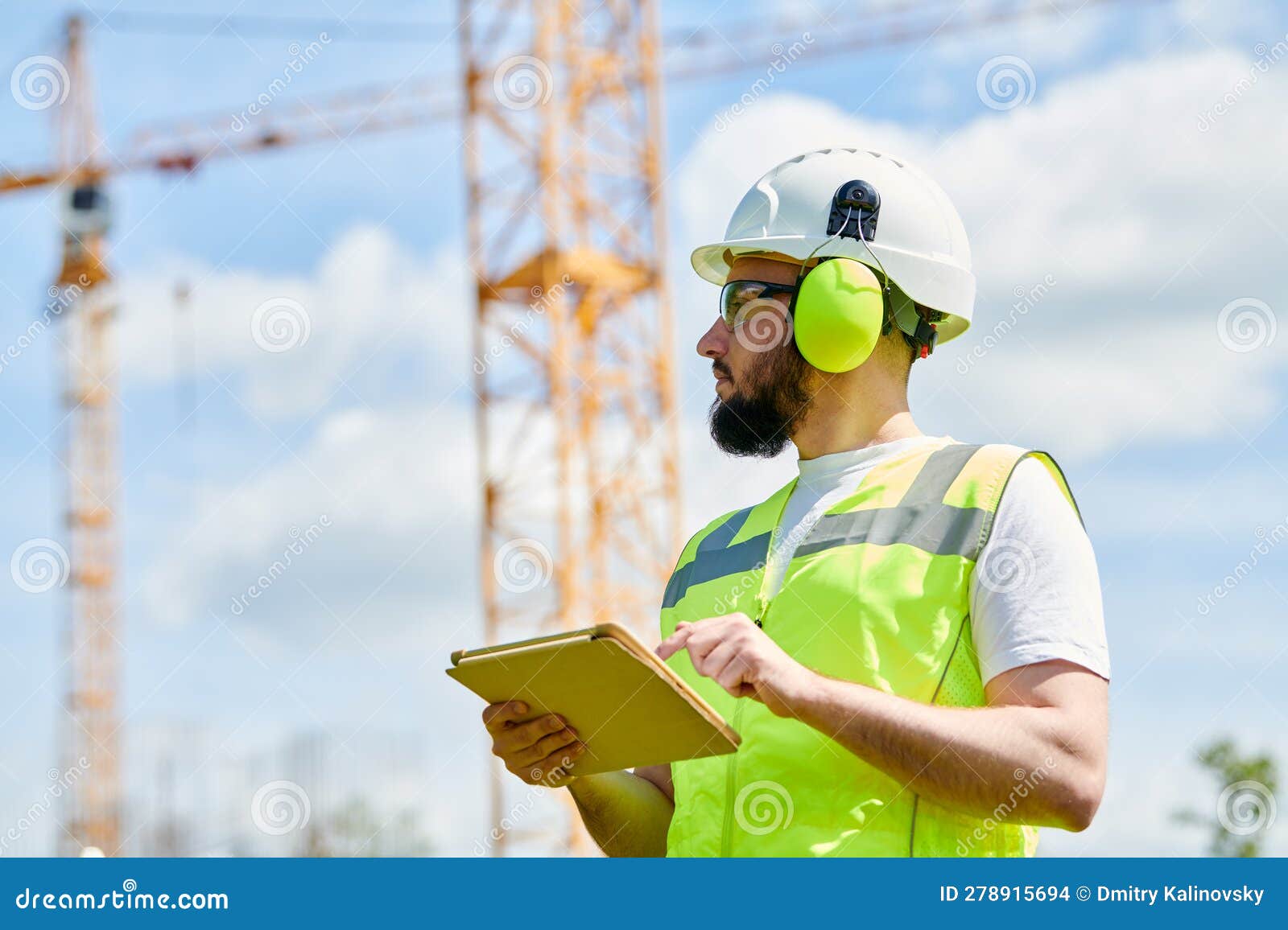 Construction Worker or Inspector Engineer with Tablet on Building Site ...