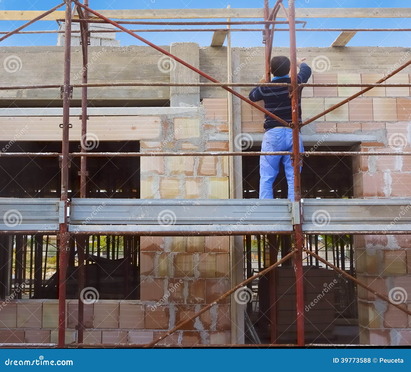 Worker on Scaffold Building Masonry Stock Photo - Image of ladder ...