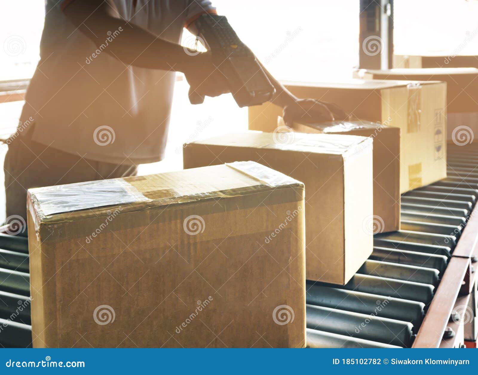 Worker Scanning Barcode Scanner on Package Boxes, Sorting Shipment ...