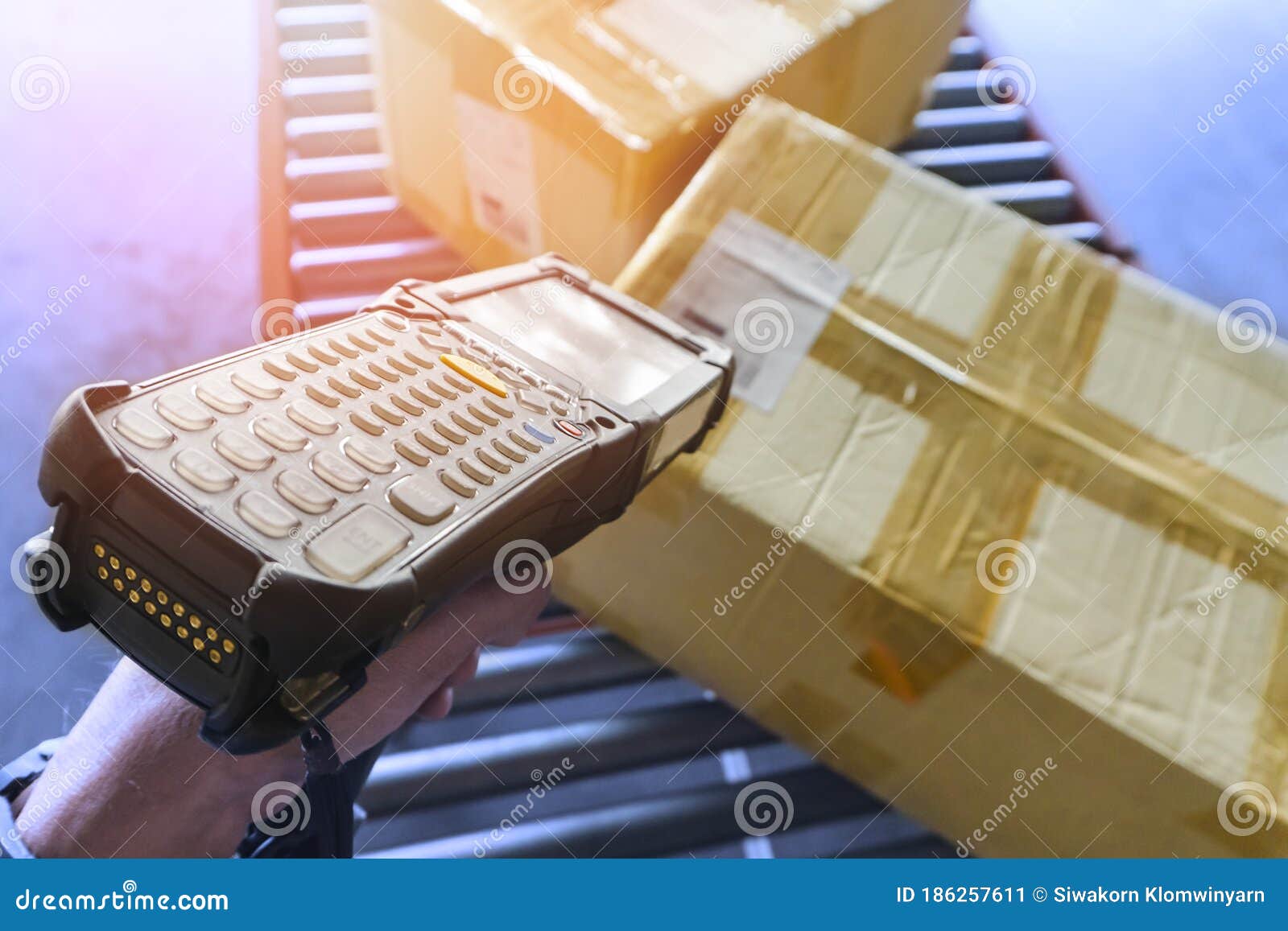 Worker Scanning Barcode Scanner on Shipment Boxes, Manufacturing Cargo ...