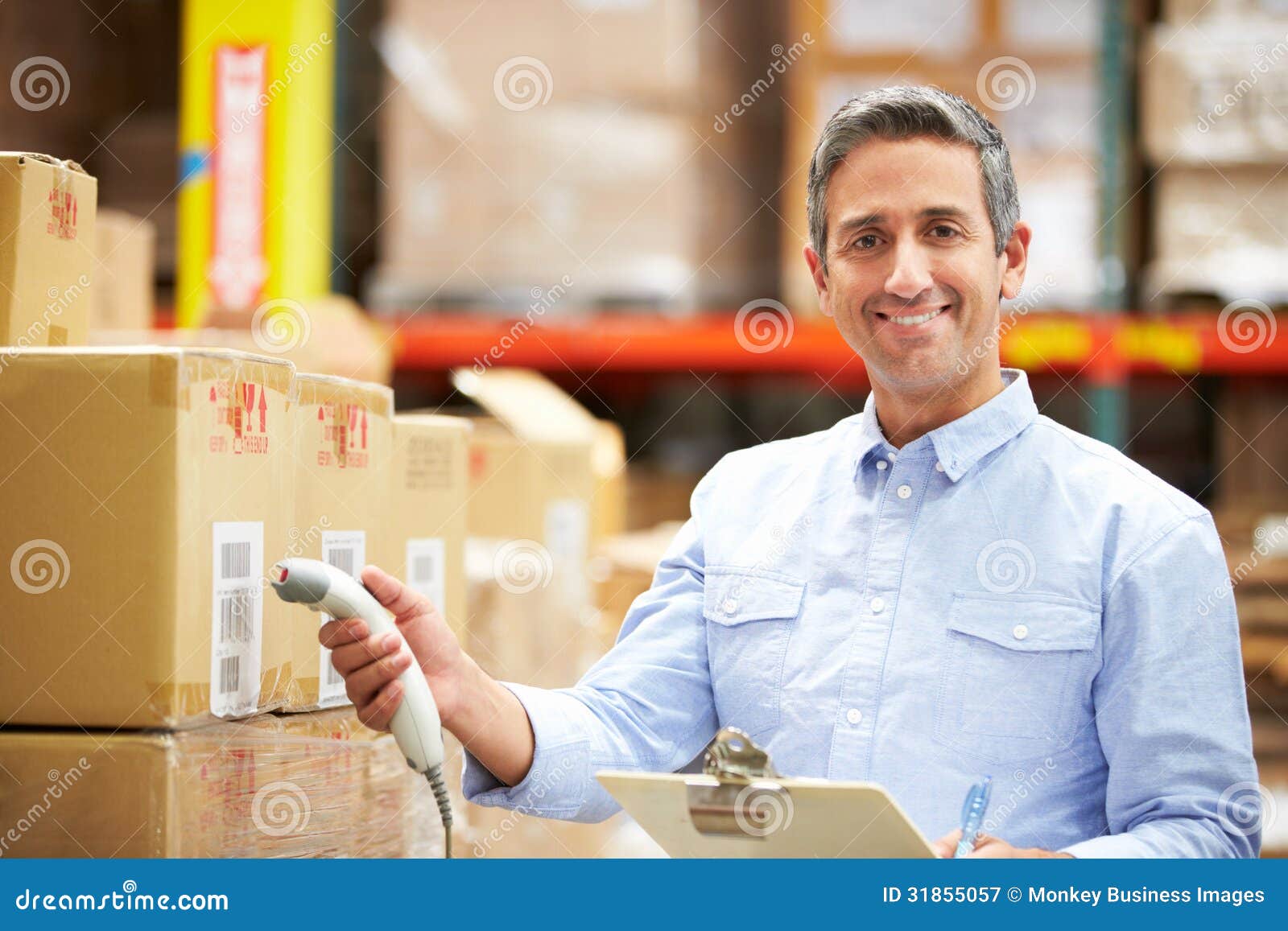Worker Scanning Barcode Scanner On Package Boxes, Sorting Shipment ...