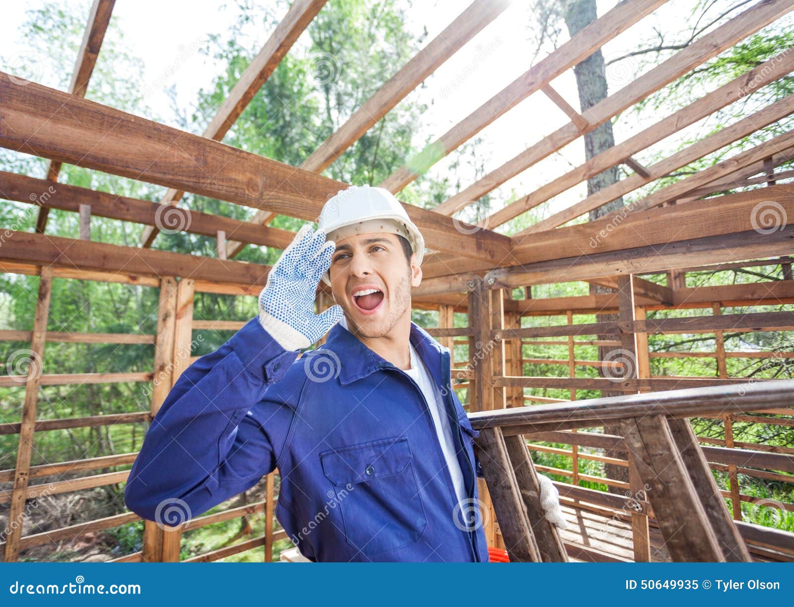 Worker Screaming while Carrying Ladder Stock Image - Image of glove ...