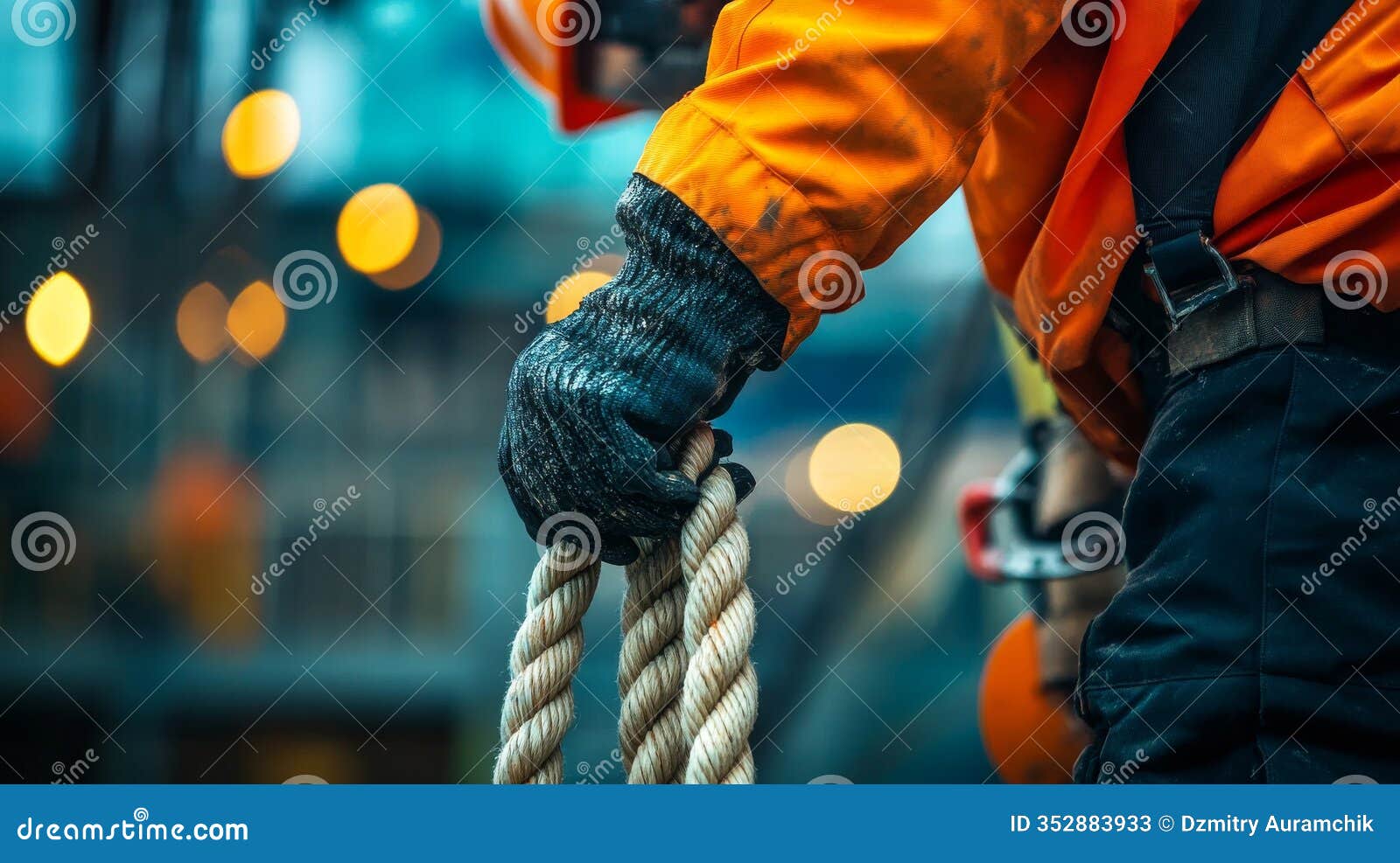 A Worker Secured with a Safety Harness and Hard Hat, Working Atop a ...