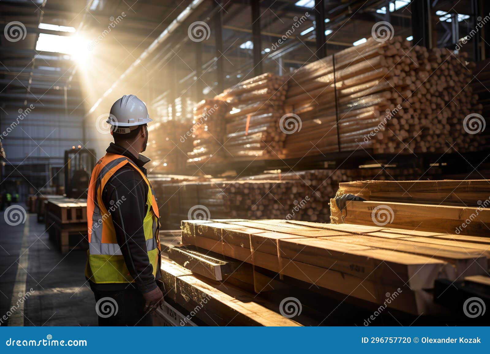 A Worker Securing a Load of Lumber on a Flatbed Truck, with the ...