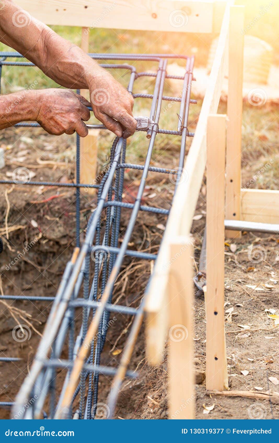 Worker Securing Steel Rebar Framing with Wire Plier Cutter Tool Stock ...