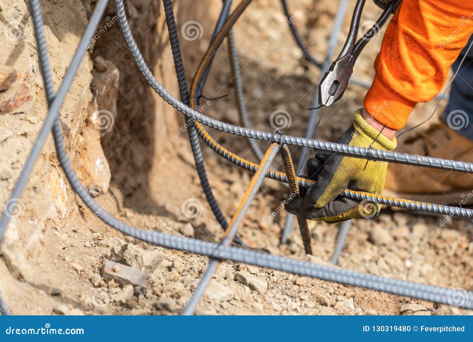 Worker Securing Steel Rebar Framing with Wire Plier Cutter Tool Stock ...