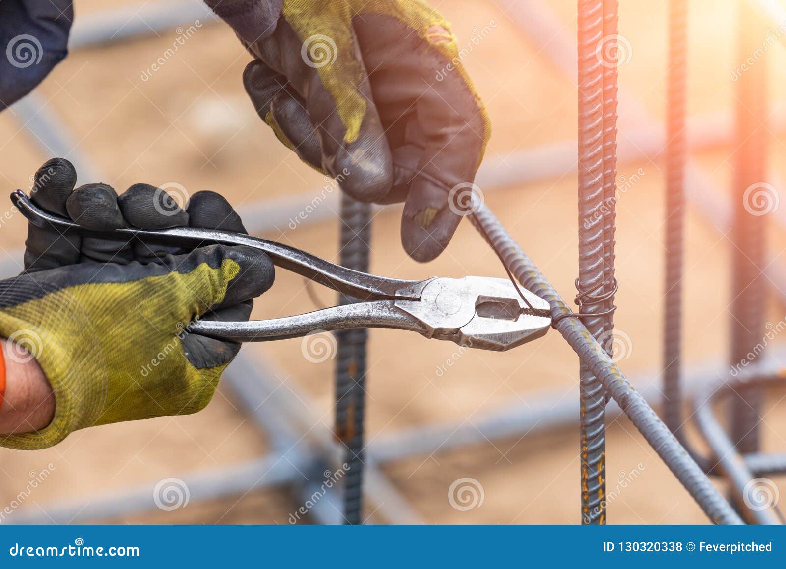 Worker Securing Steel Rebar Framing with Wire Plier Cutter Tool Stock ...