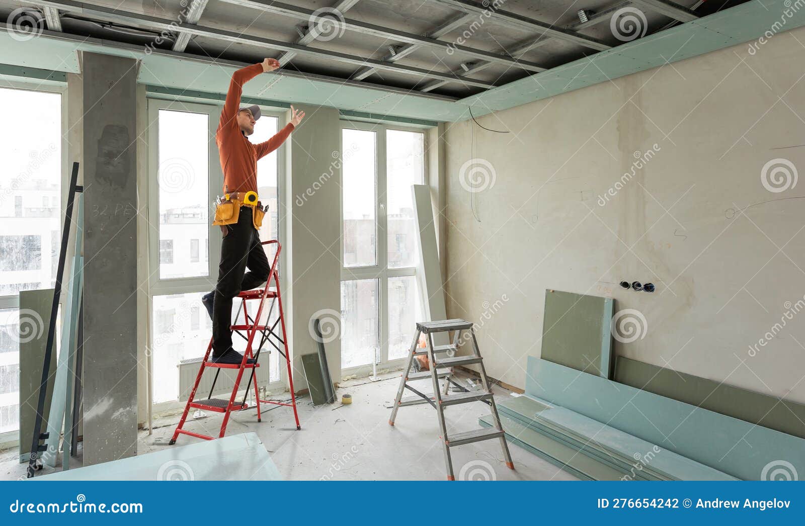 Worker Set the Ceiling Profile in the New Flat Stock Photo - Image of ...