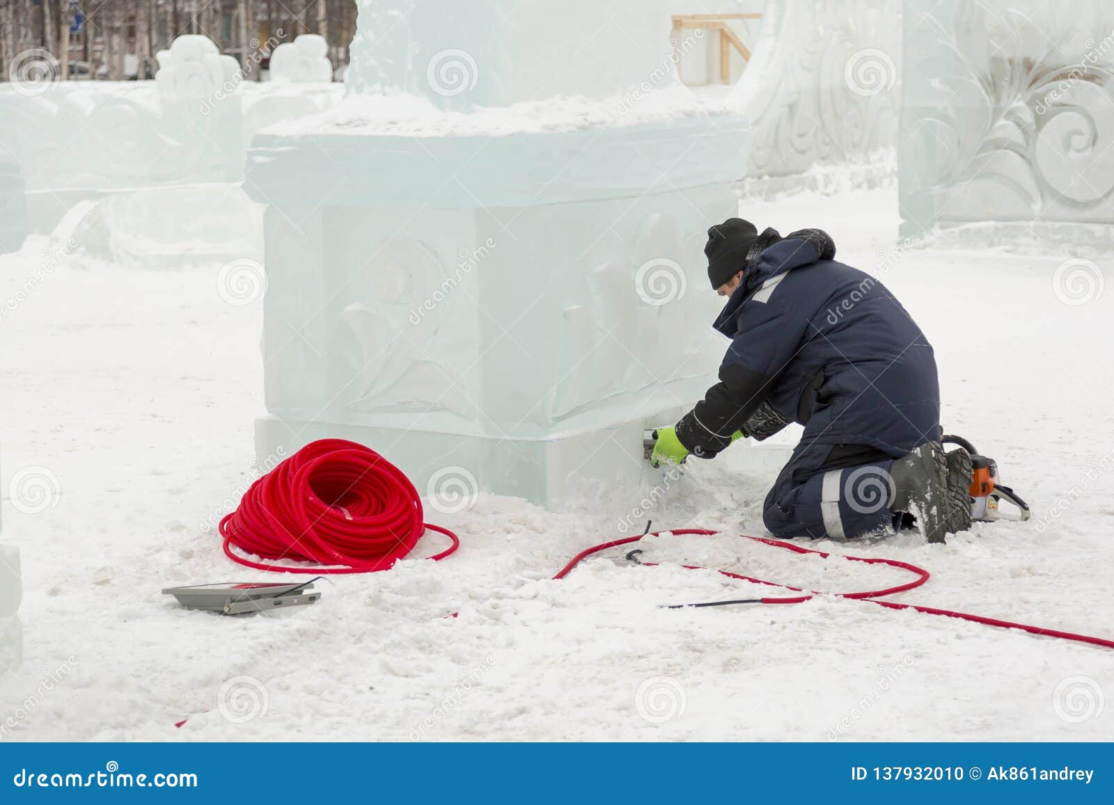 Worker Sets the Spotlight in the Ice Figure Stock Photo - Image of ...