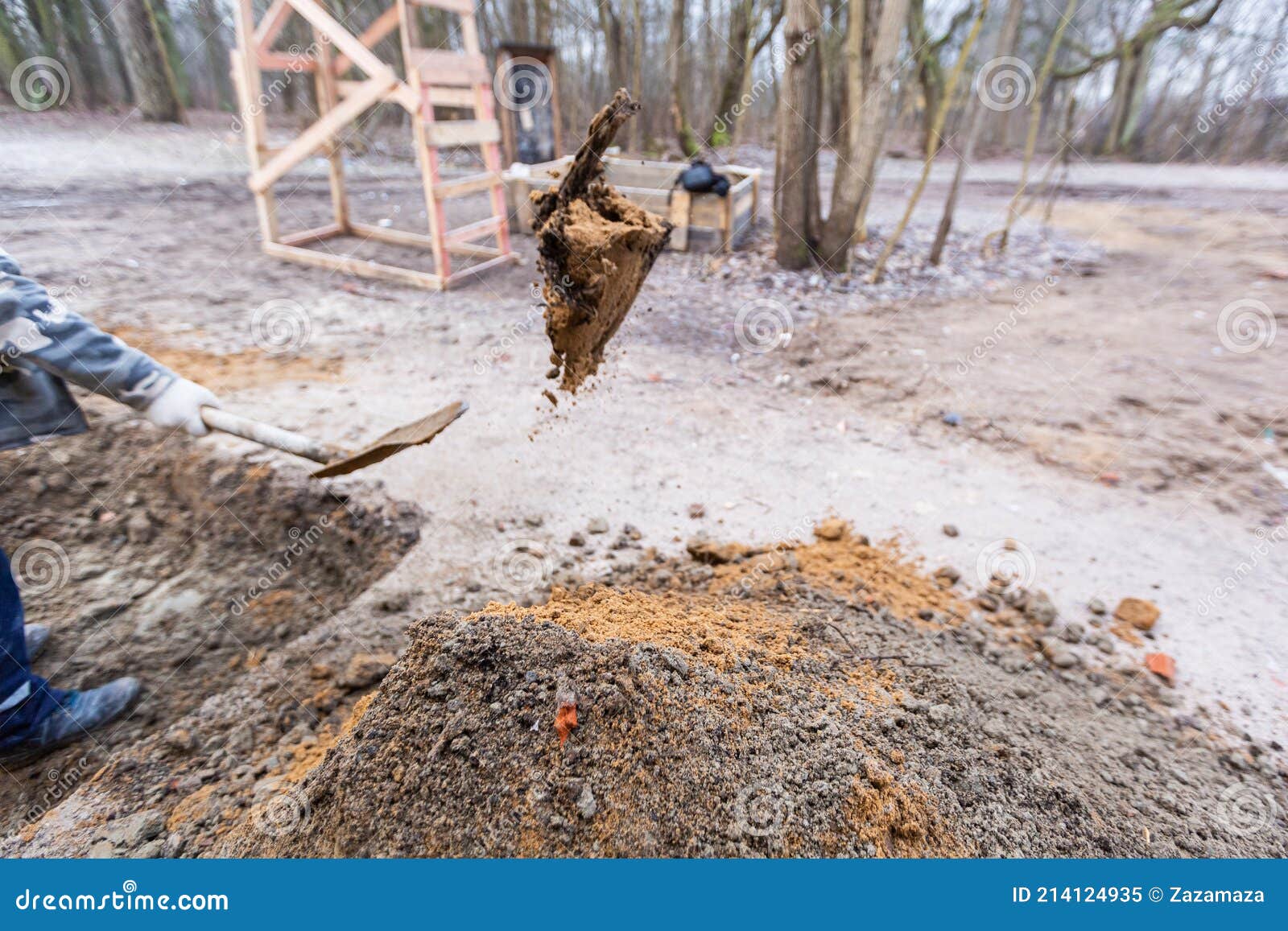 Worker with Shovel is Digging a Pit on Construction Site. Concept of ...