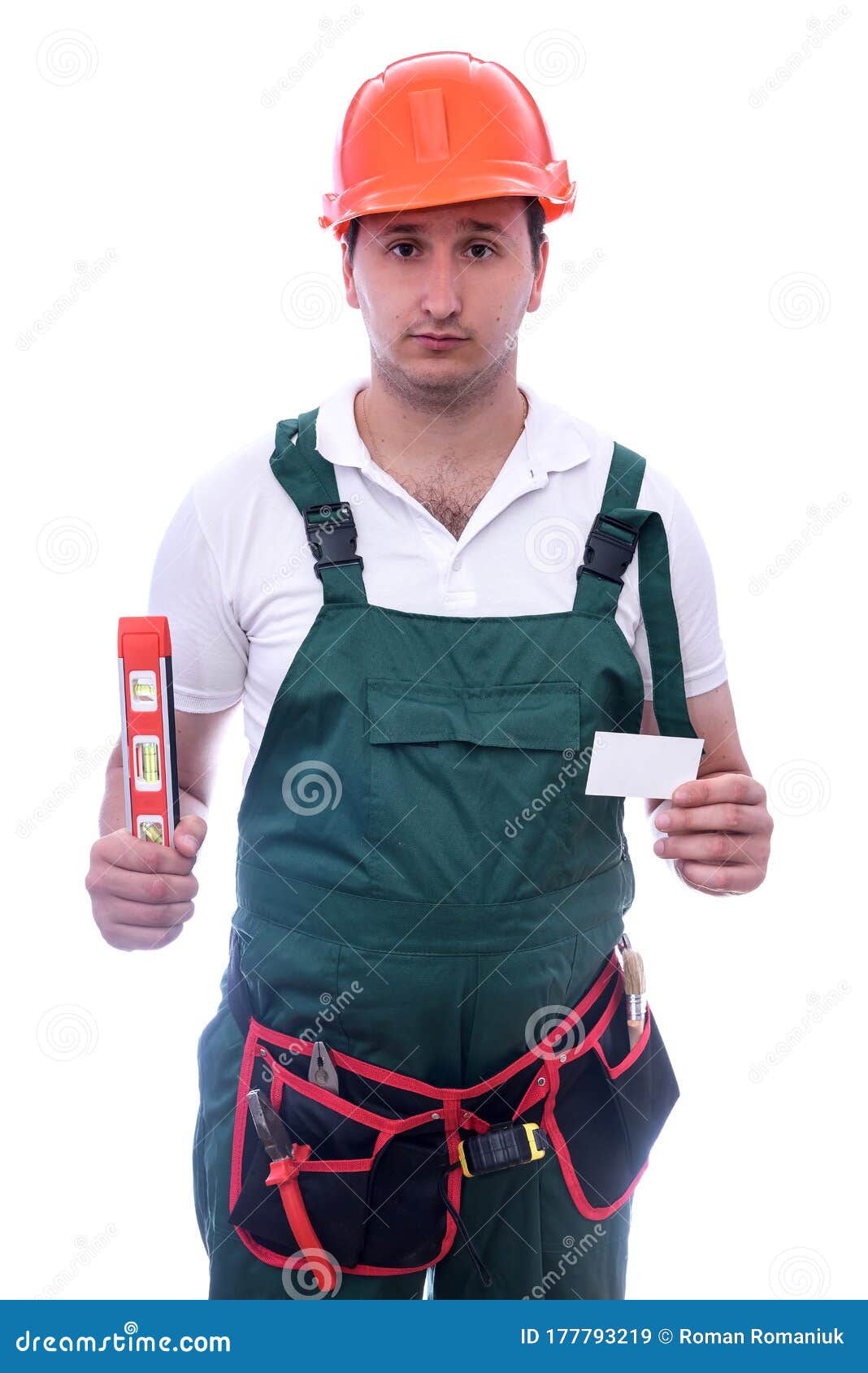 Worker Showing His Visit Card Isolated on White Stock Image - Image of ...