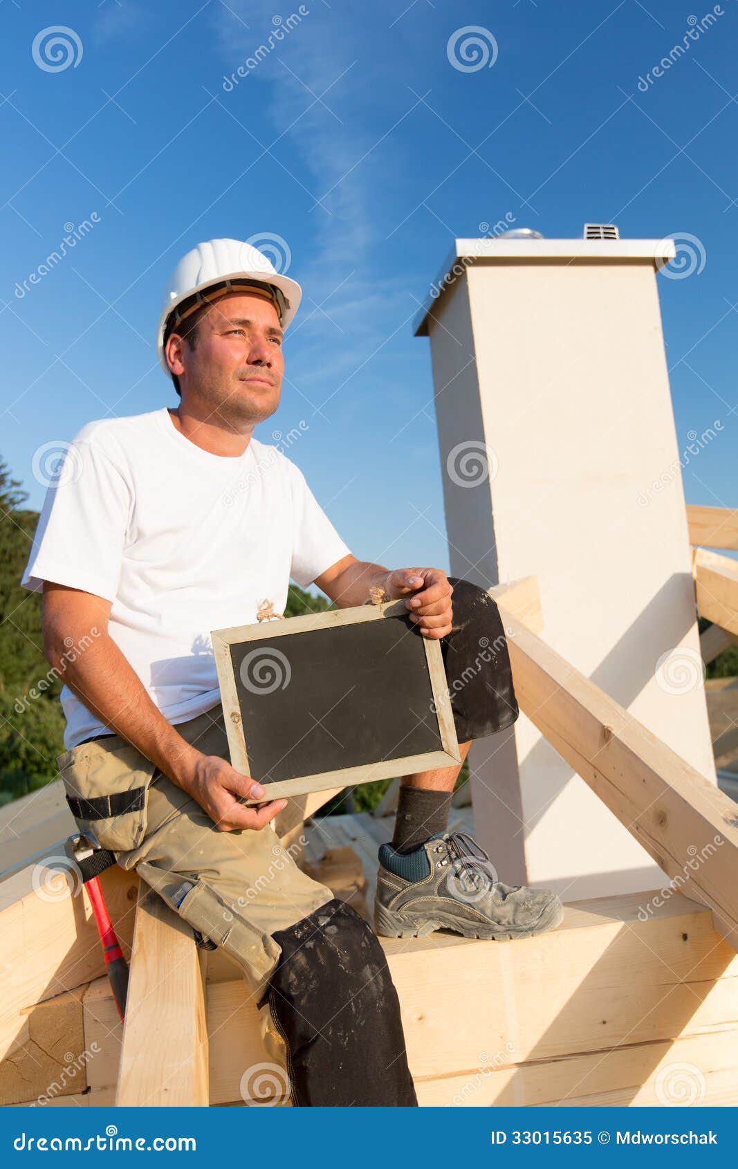 Worker with Sign at Construction Site Stock Image - Image of board ...