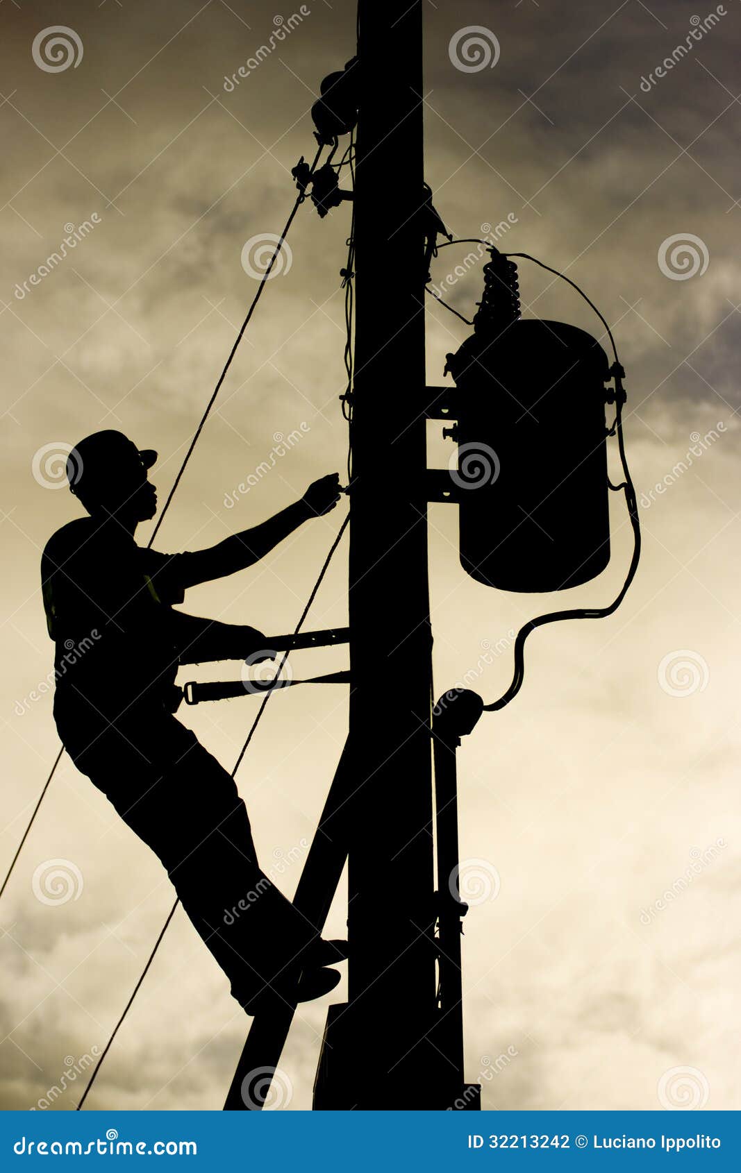 Worker Silhouette at a Power Line Post Stock Photo - Image of cable ...