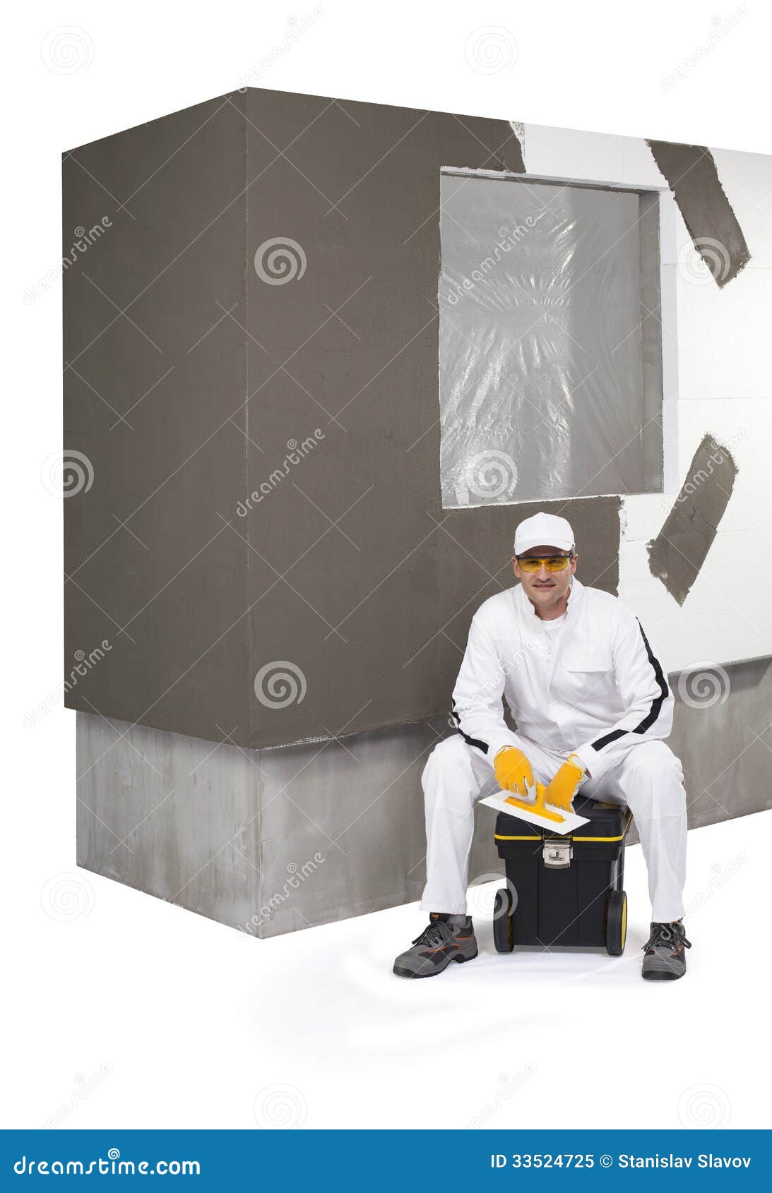 Worker Sitting on a Box of Tools Stock Image - Image of gypsum, adult ...
