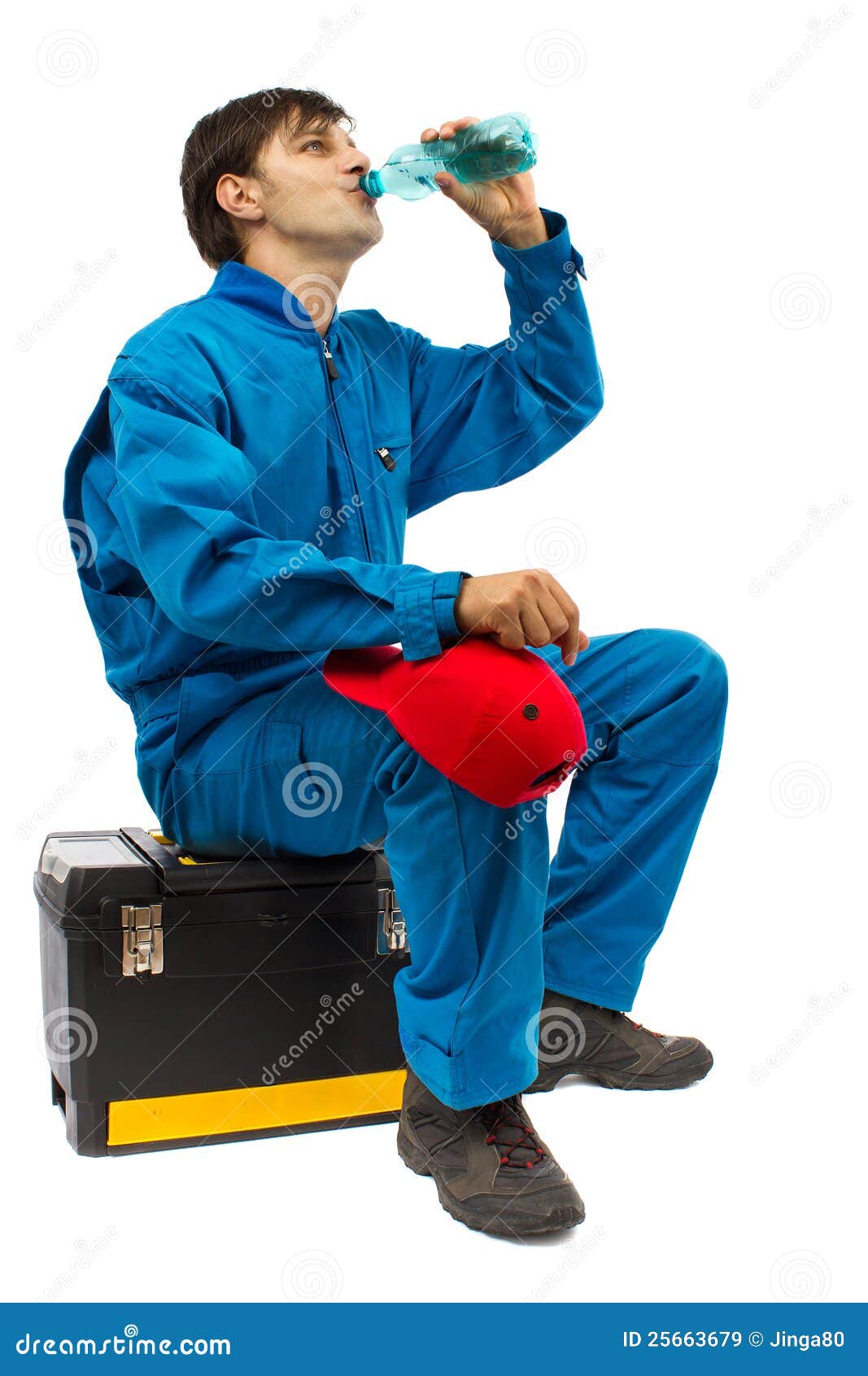 Worker Sitting on the Toolbox Drinking Water Stock Image - Image of ...
