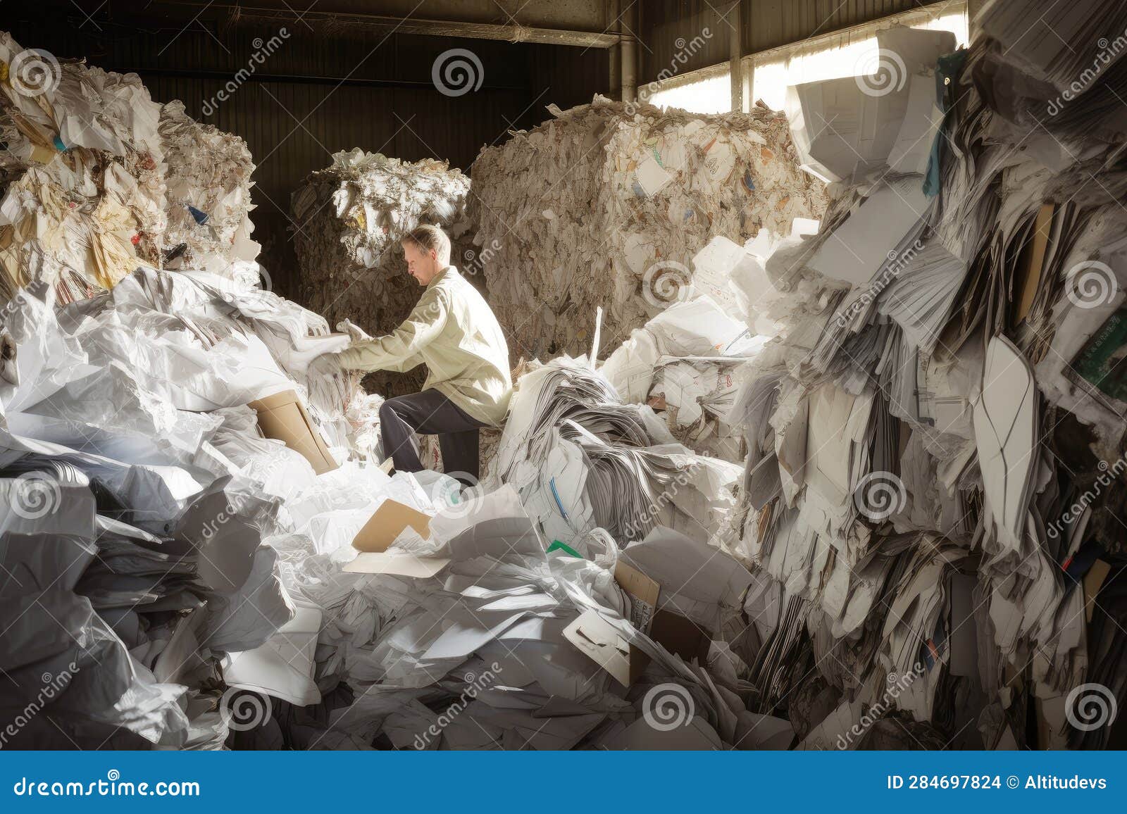 Worker Sorting through Piles of Paper for Recycling Stock Illustration ...