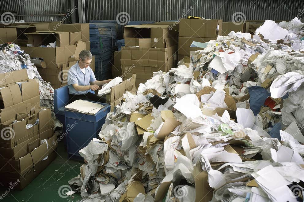 Worker Sorting through Piles of Paper for Recycling Stock Illustration ...
